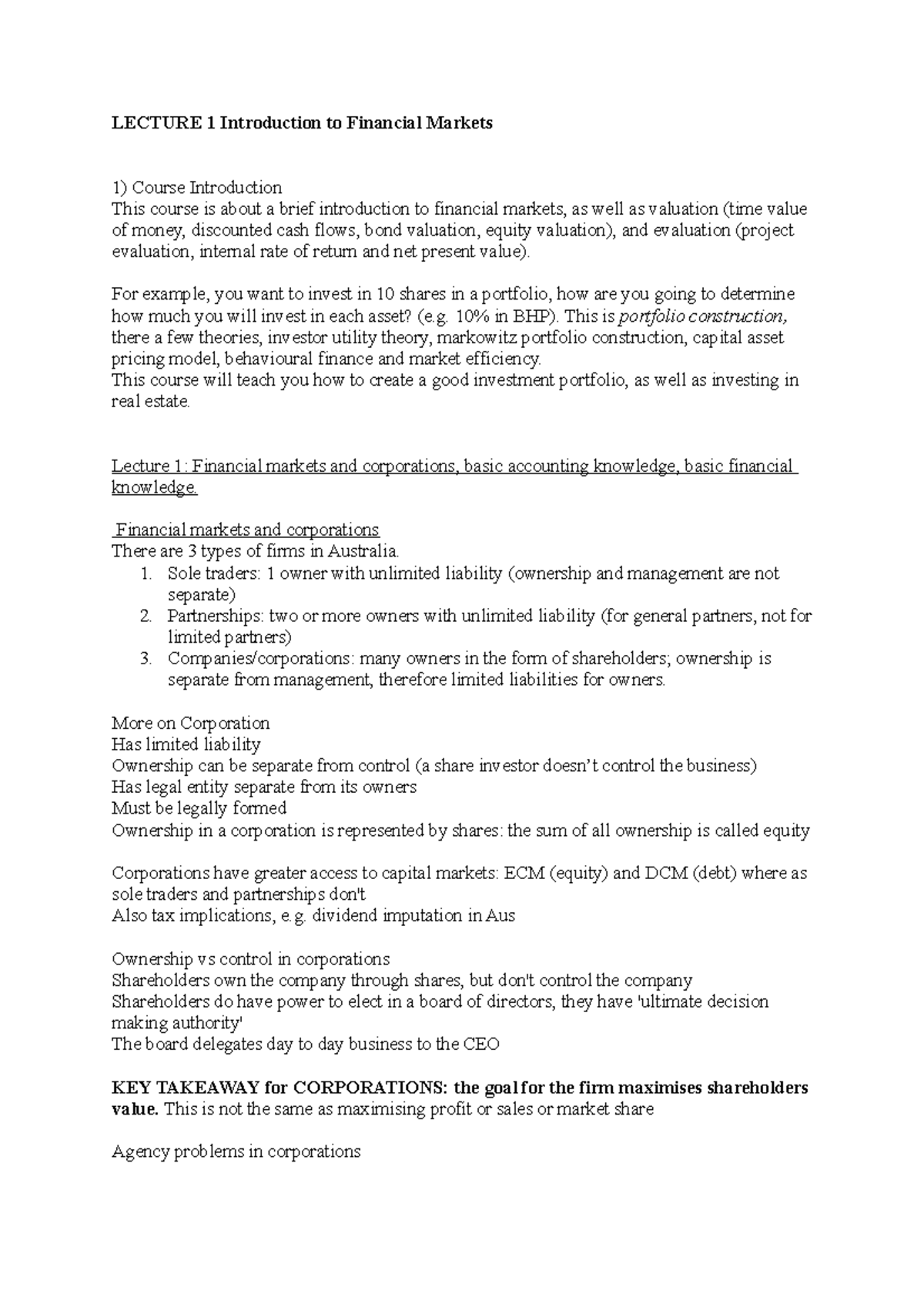 Lecture notes 1 to 11 - LECTURE 1 Introduction to Financial Markets ...