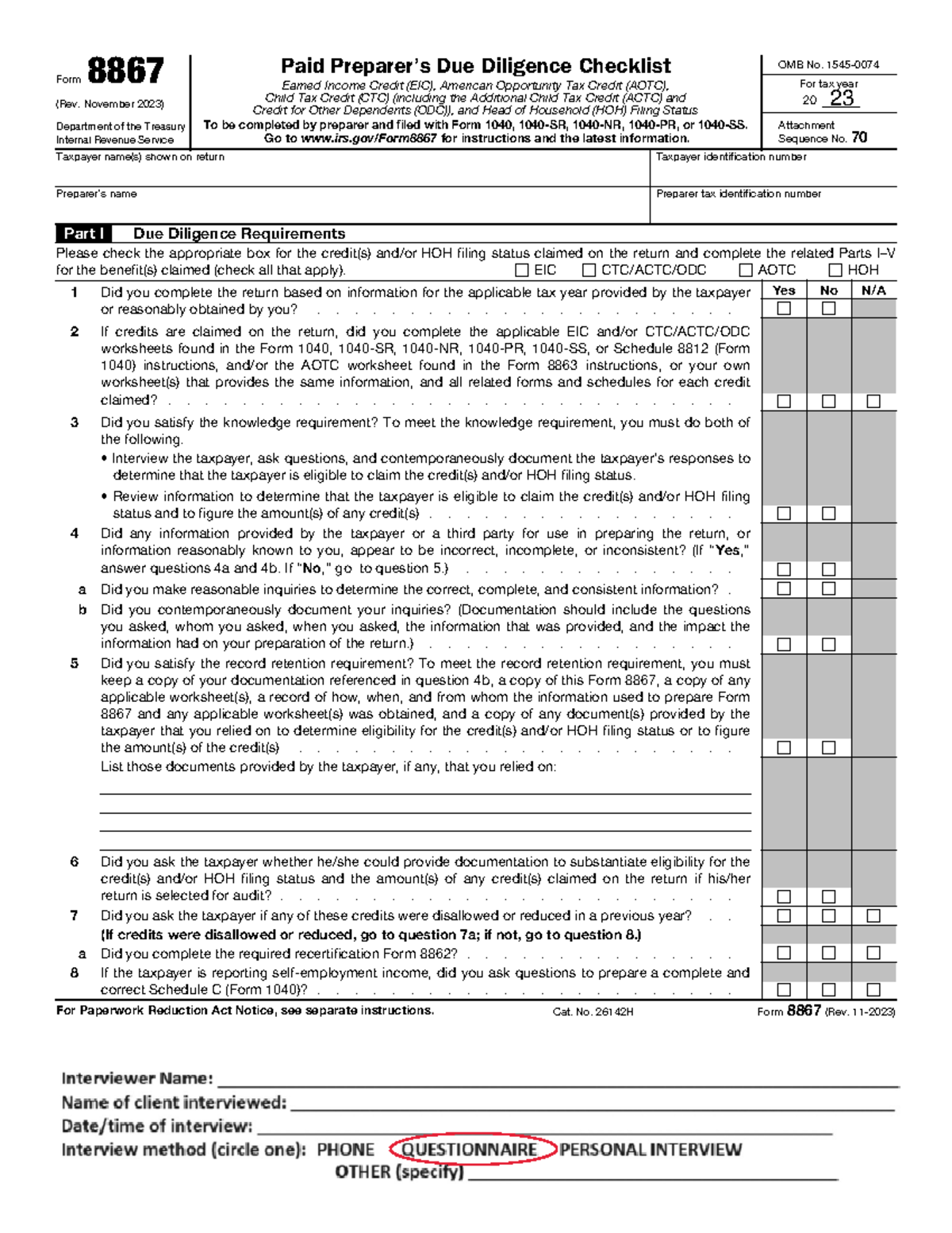 8867 AIQ-2023 Due Diligence - Form 8867 (Rev. November 2023) Department ...