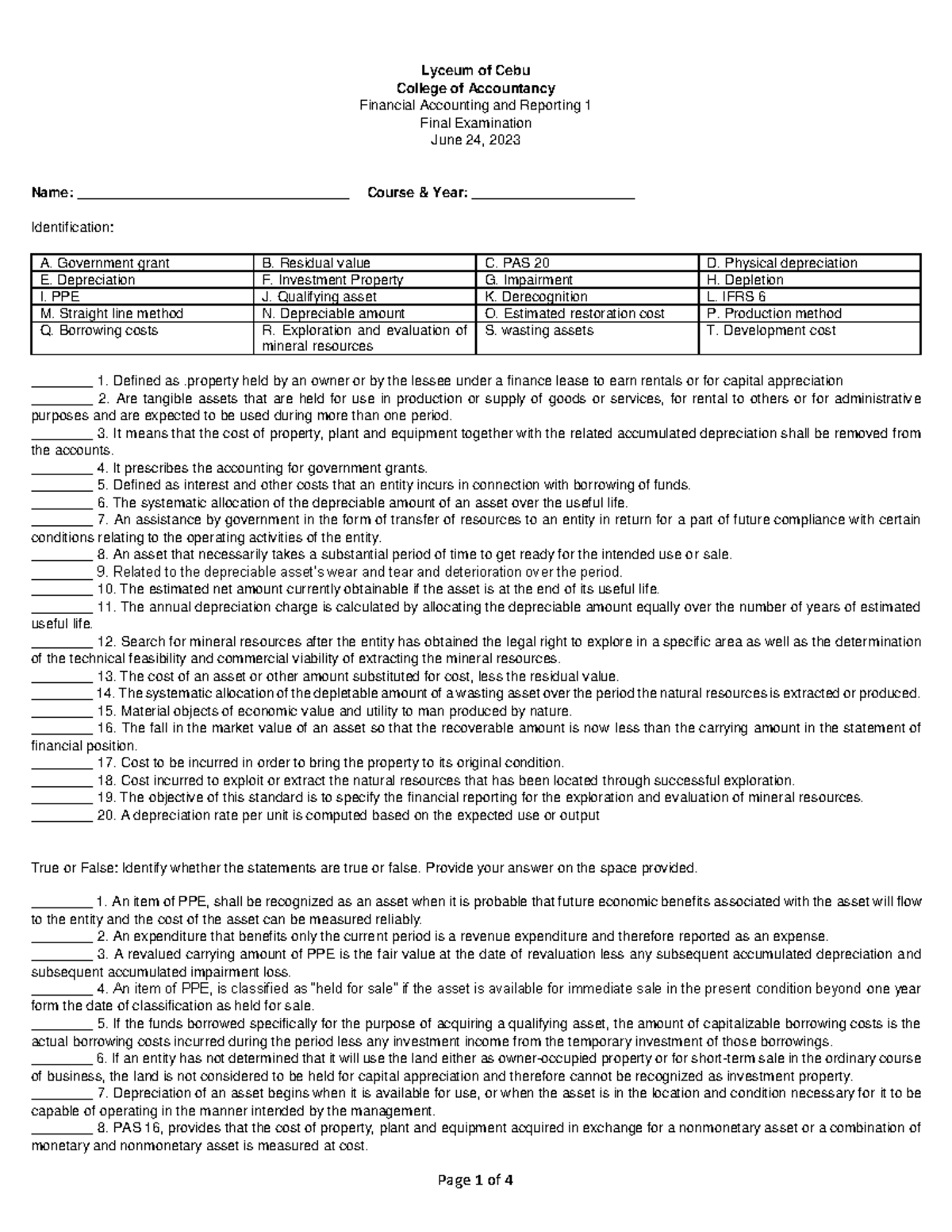 FAR 1 Final Exam - Lyceum of Cebu College of Accountancy Financial ...