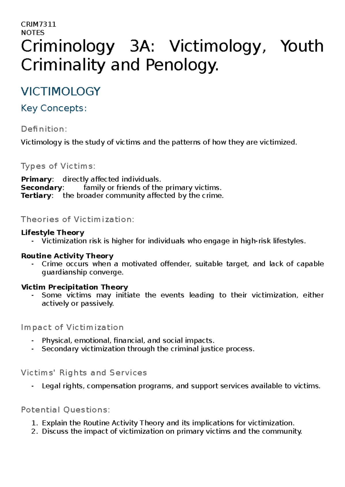Criminology 3A EXAM PREP - NOTES Criminology 3A: Victimology, Youth ...