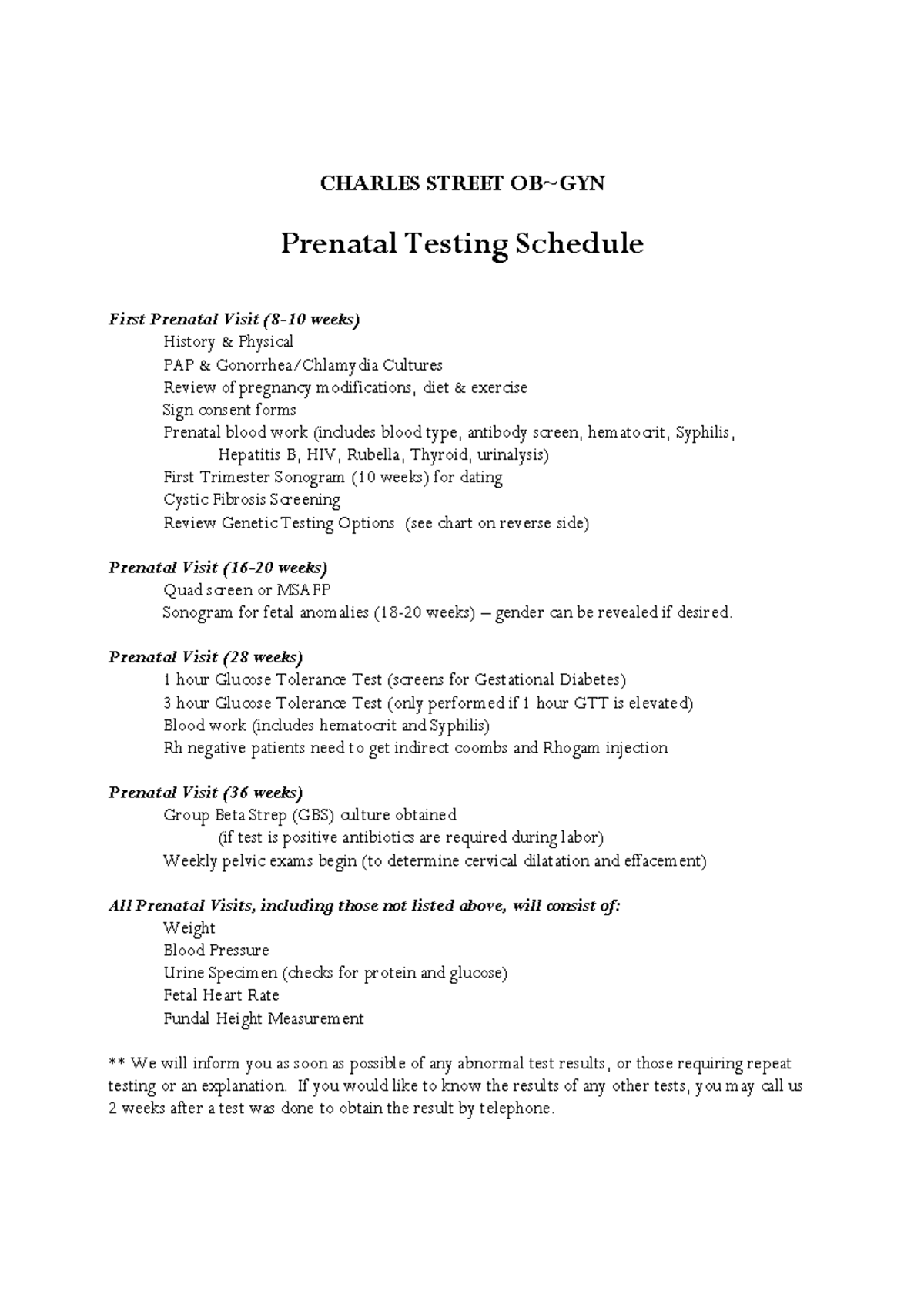 Prenatal Testing Schedule - CHARLES STREET OB~GYN Prenatal Testing ...