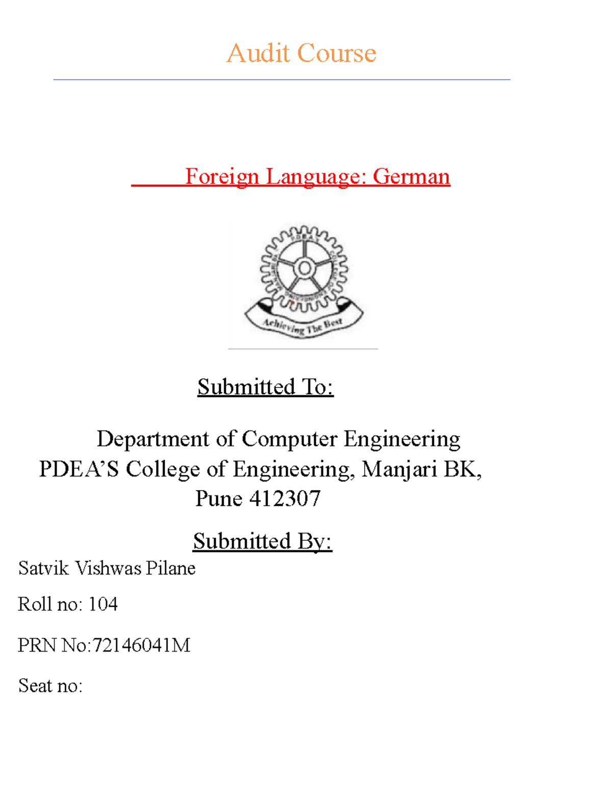 New1 - audit - Audit Course Foreign Language: German Submitted To ...