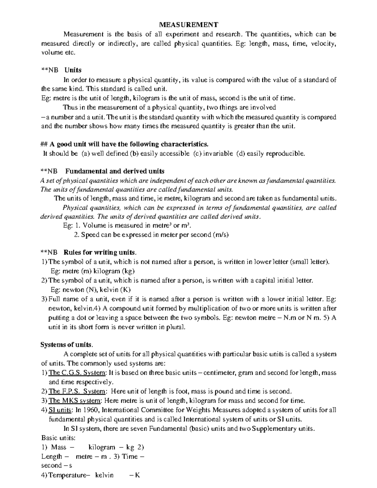 Physics Notes - MEASUREMENT Measurement is the basis of all experiment ...