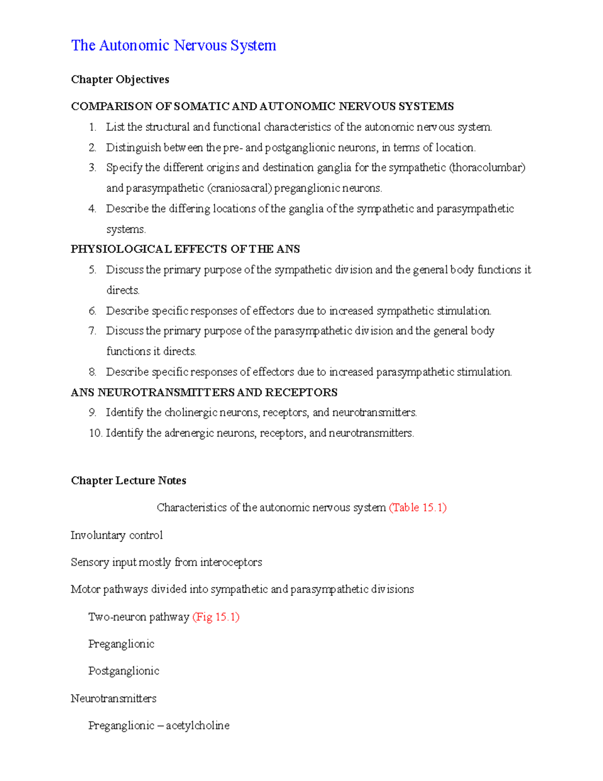 Ans Notes For Py 4010 Its A Lecture Note The Autonomic Nervous System Chapter Objectives