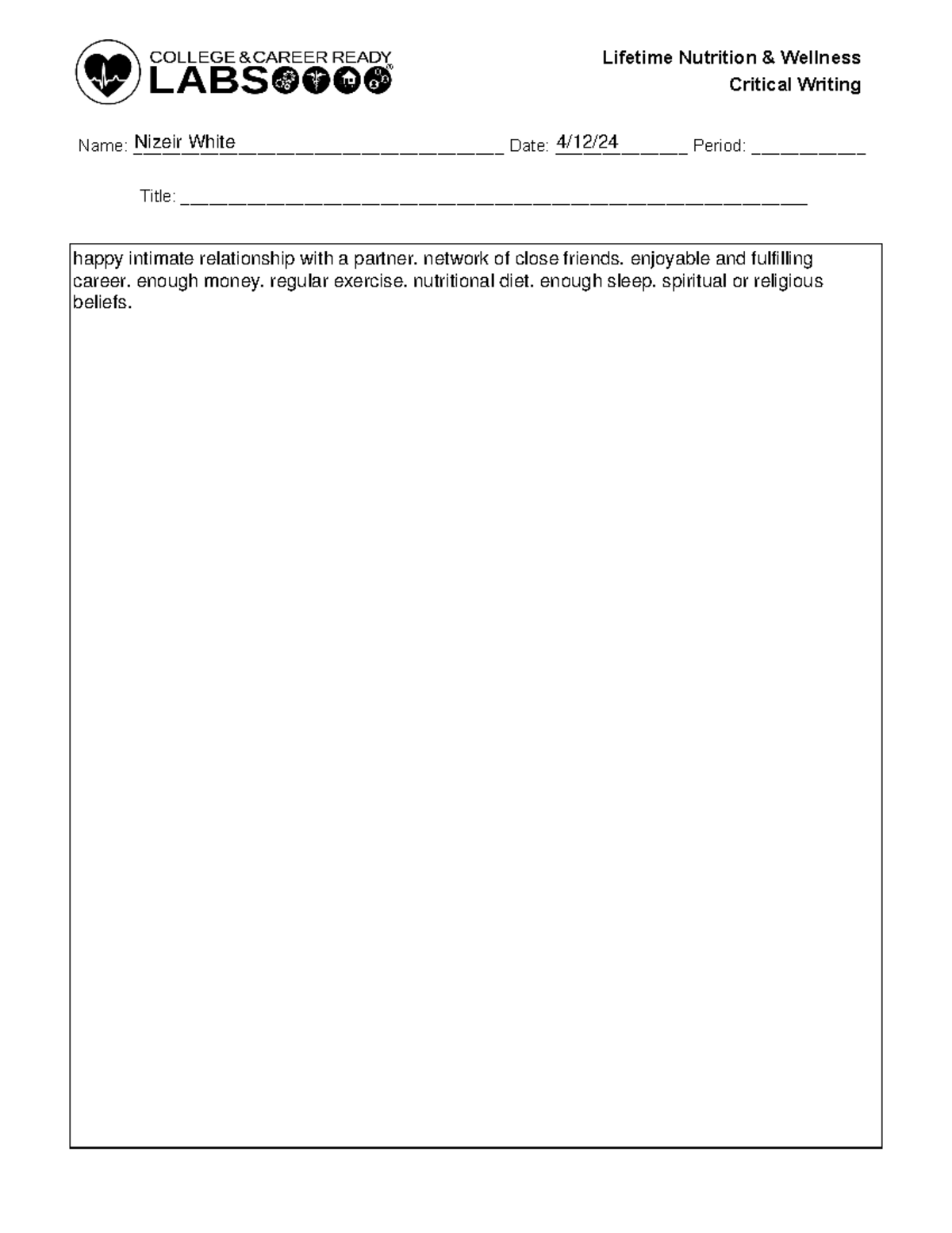 Lifetime Nutrition & Wellness Critical Writing - Name