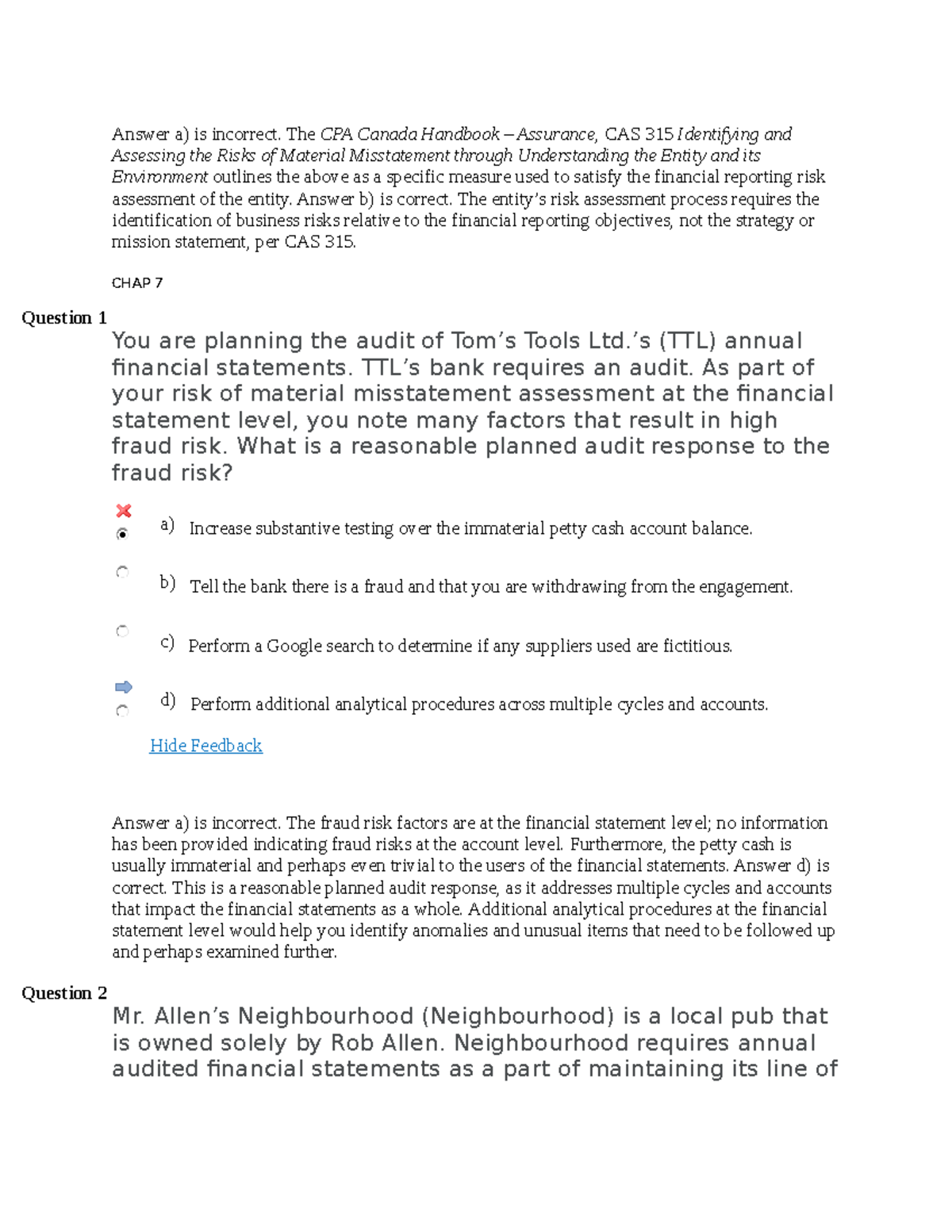 Accounting Past paper 2 - Answer a) is incorrect. The CPA Canada ...