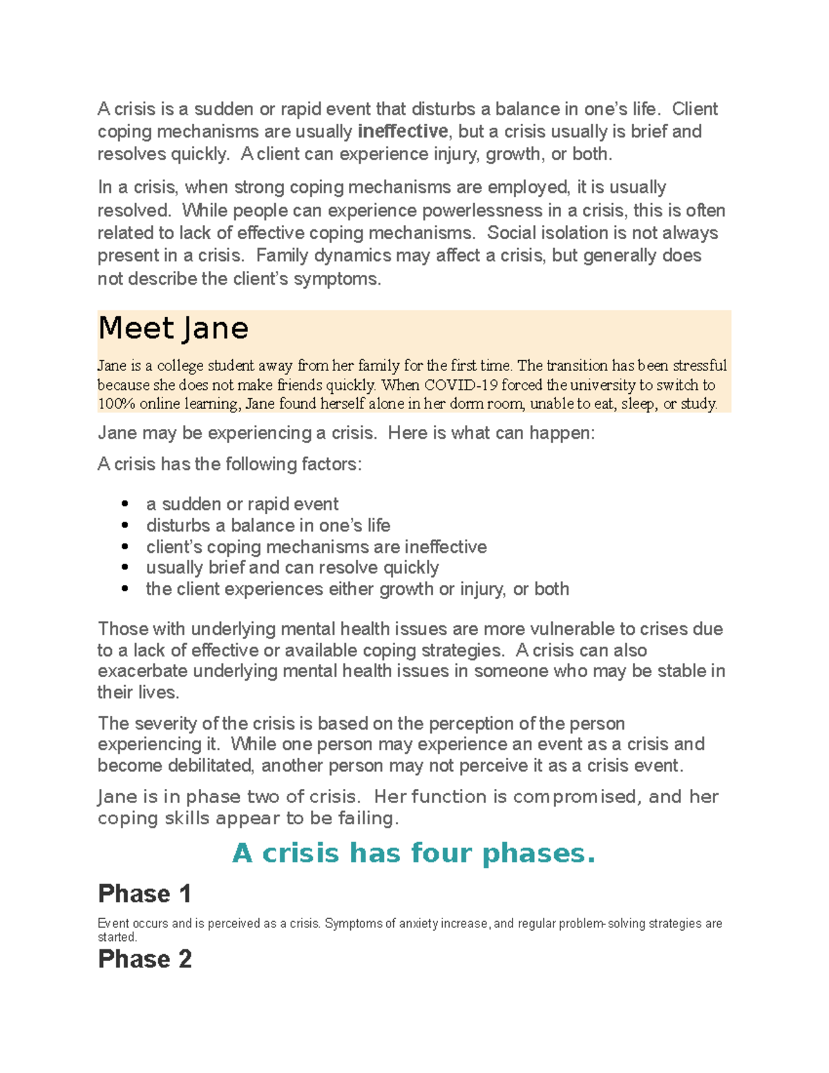 Crisis Intervention - Mental health course notes - A crisis is a sudden ...