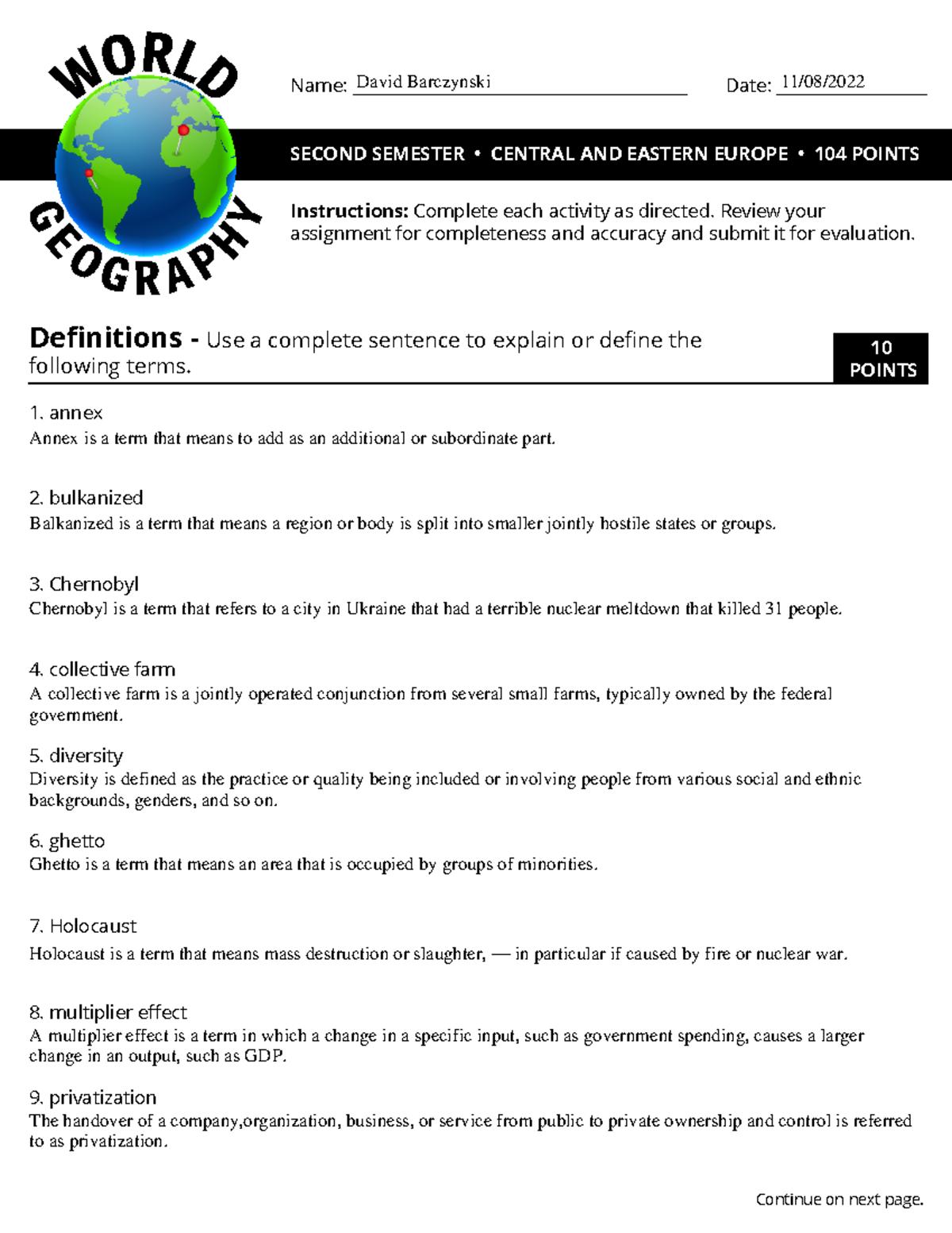 World geography central and eastern europe worksheet - W ORLD G E OG R ...
