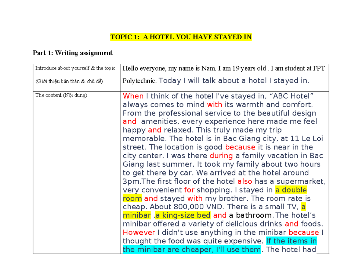 ENT2226 Format-for-Writing-Assignment(1+2) - TOPIC 1: A HOTEL YOU HAVE STAYED IN Part 1: Writing ...
