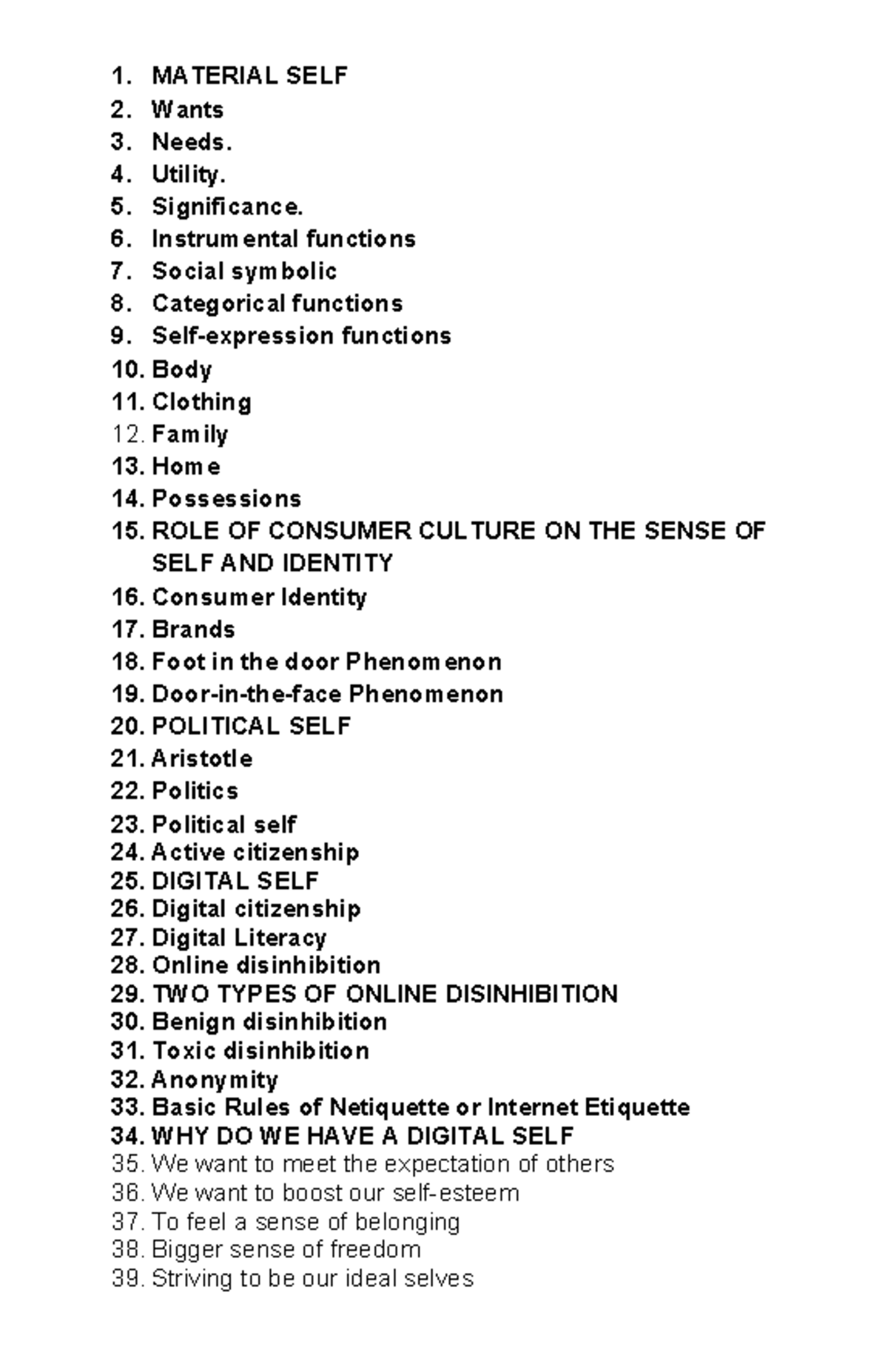 UTS KEYS - 1. MATERIAL SELF Wants Needs. Utility. Significance ...