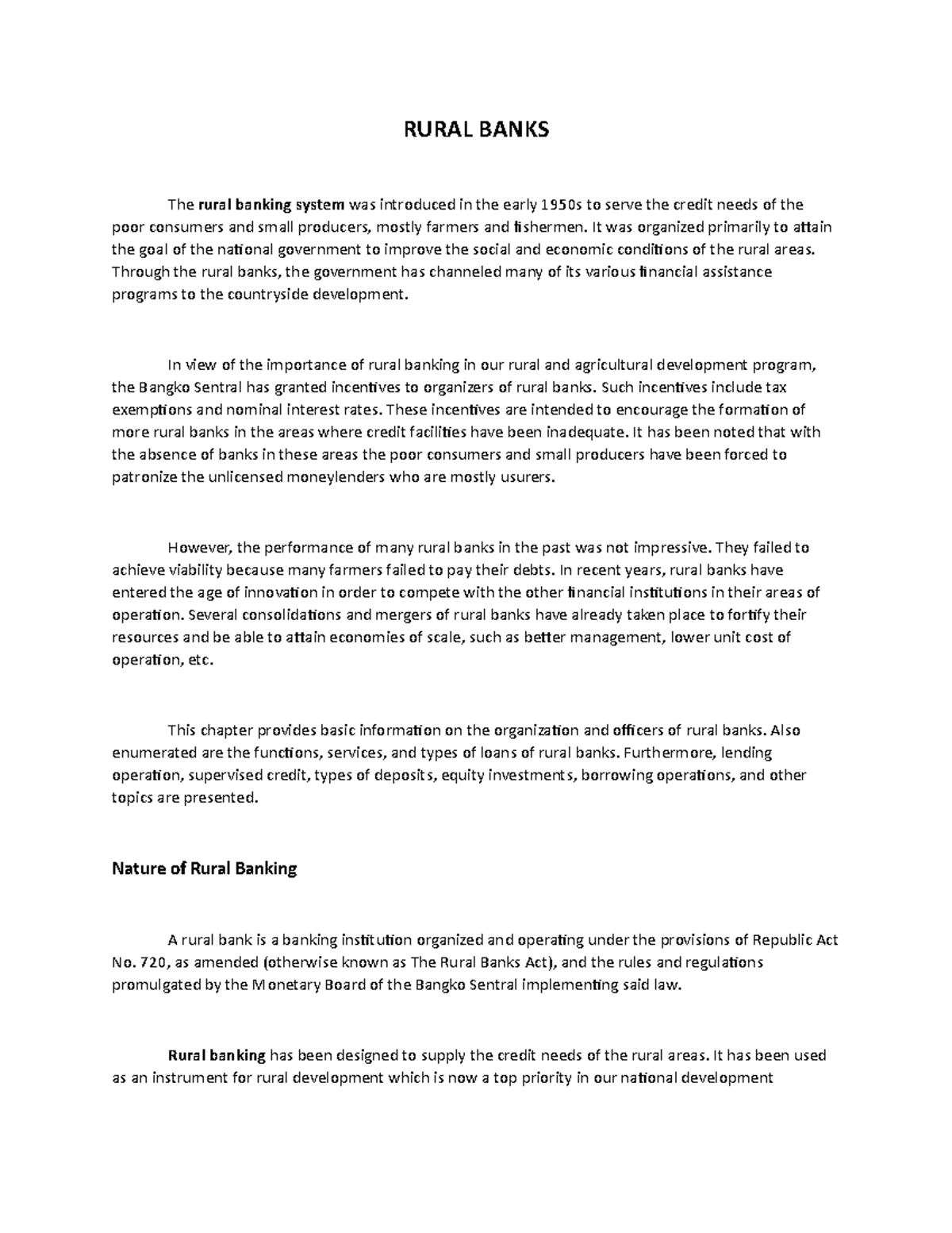 Rural Banks - RURAL BANKS The rural banking system was introduced in ...