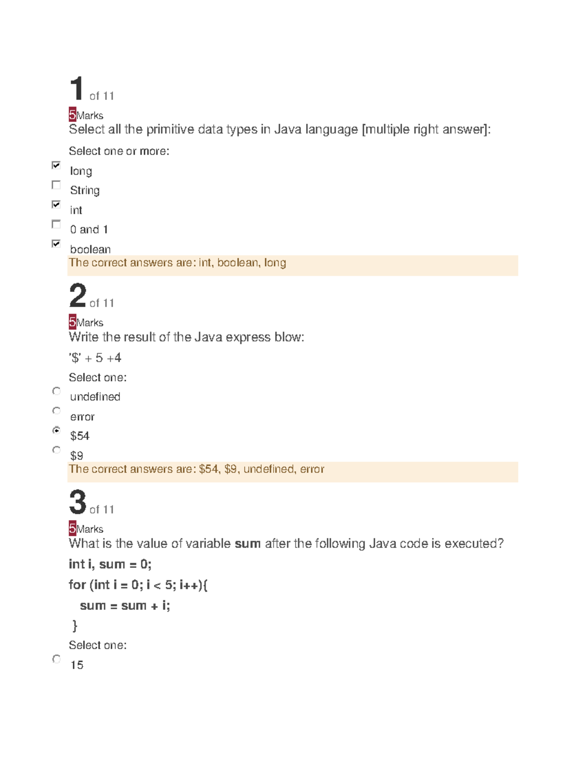 COMP248 midterm - 1 of 11 5 Marks Select all the primitive data types in Java language [multiple ...