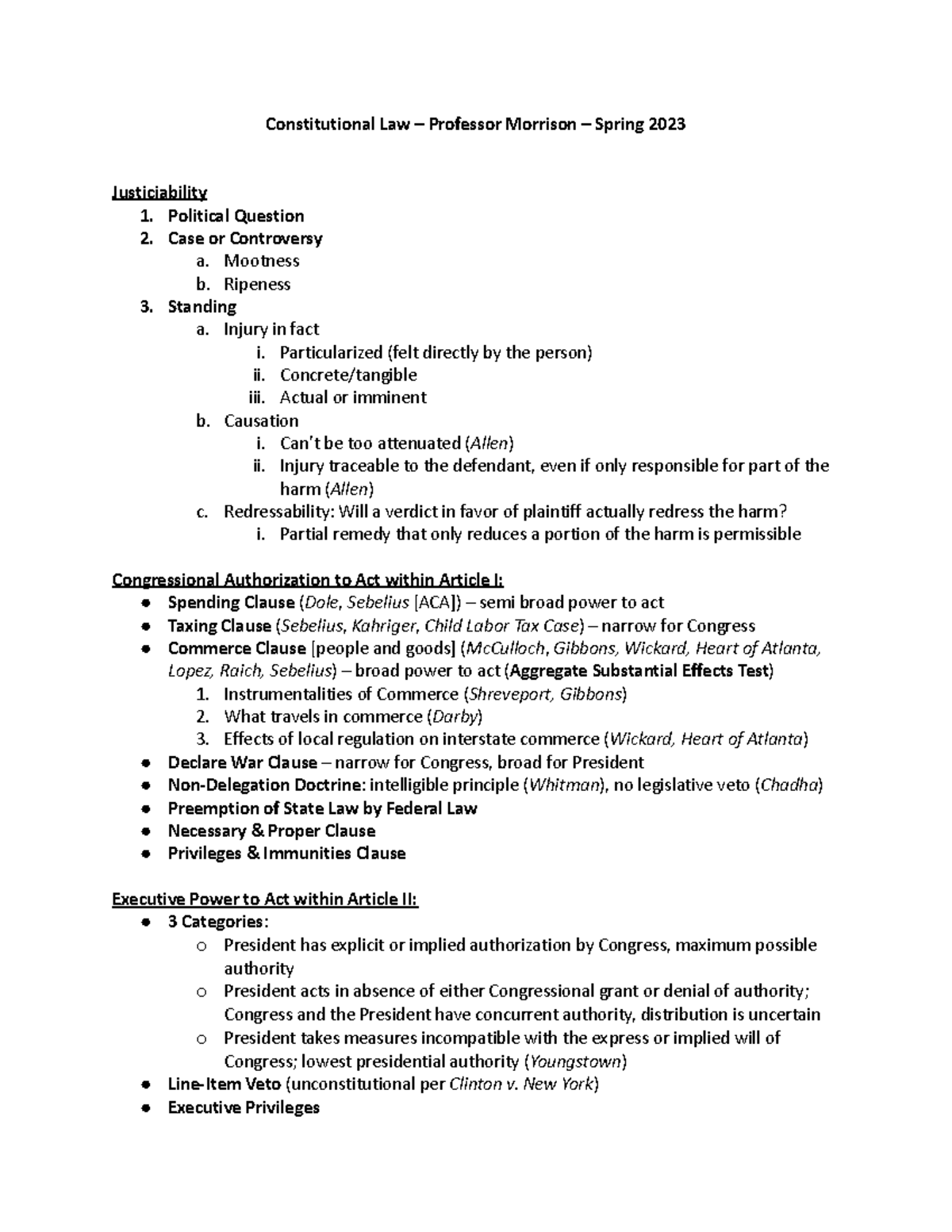 Con Law Outline Morrison S23 - Constitutional Law – Professor Morrison ...