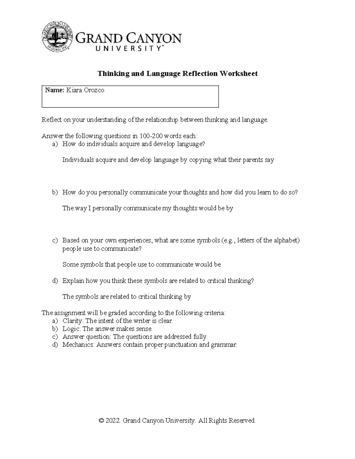 Thinking and Language Reflection worksheet - Answer the following ...