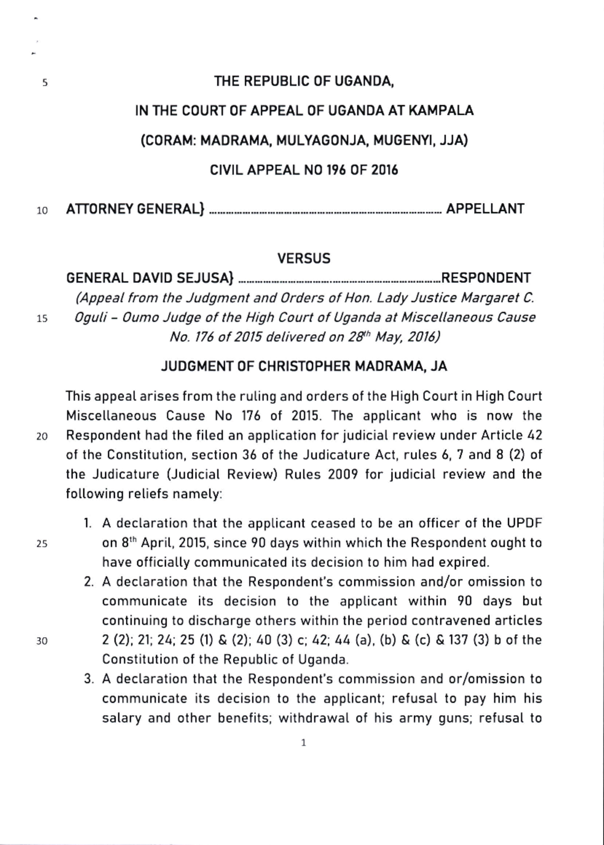 Attorney General of Uganda v General David Sejusa (Civil Appeal No 196 ...