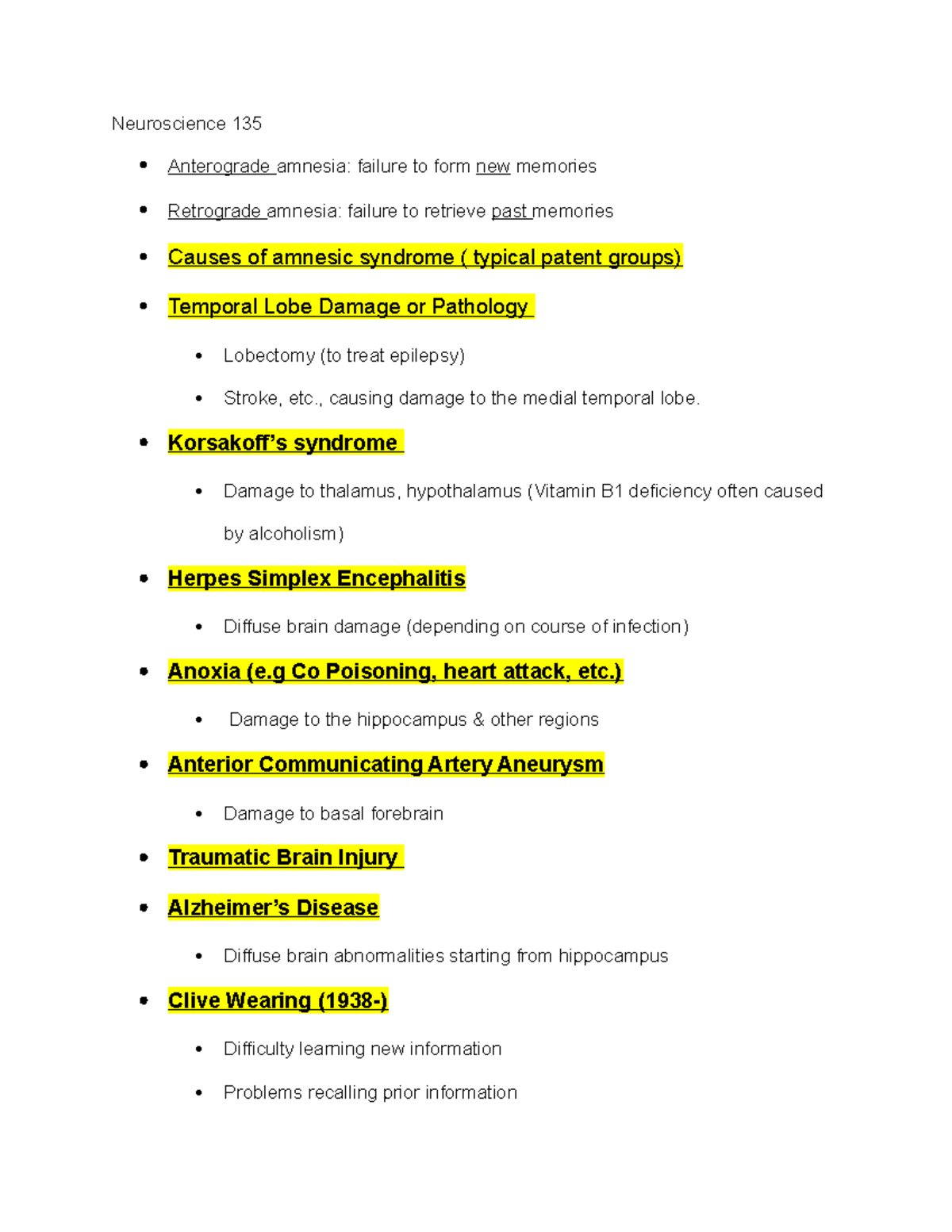 PSC 135 DAY 26 - causes of amnesia - Neuroscience 135 Anterograde ...