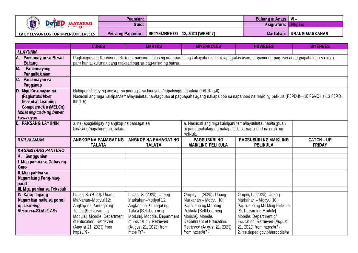 G6 Q1W7 DLL Filipino (MELCs) - DAILY LESSON LOG FOR IN-PERSON CLASSES Paaralan: Baitang at Antas ...