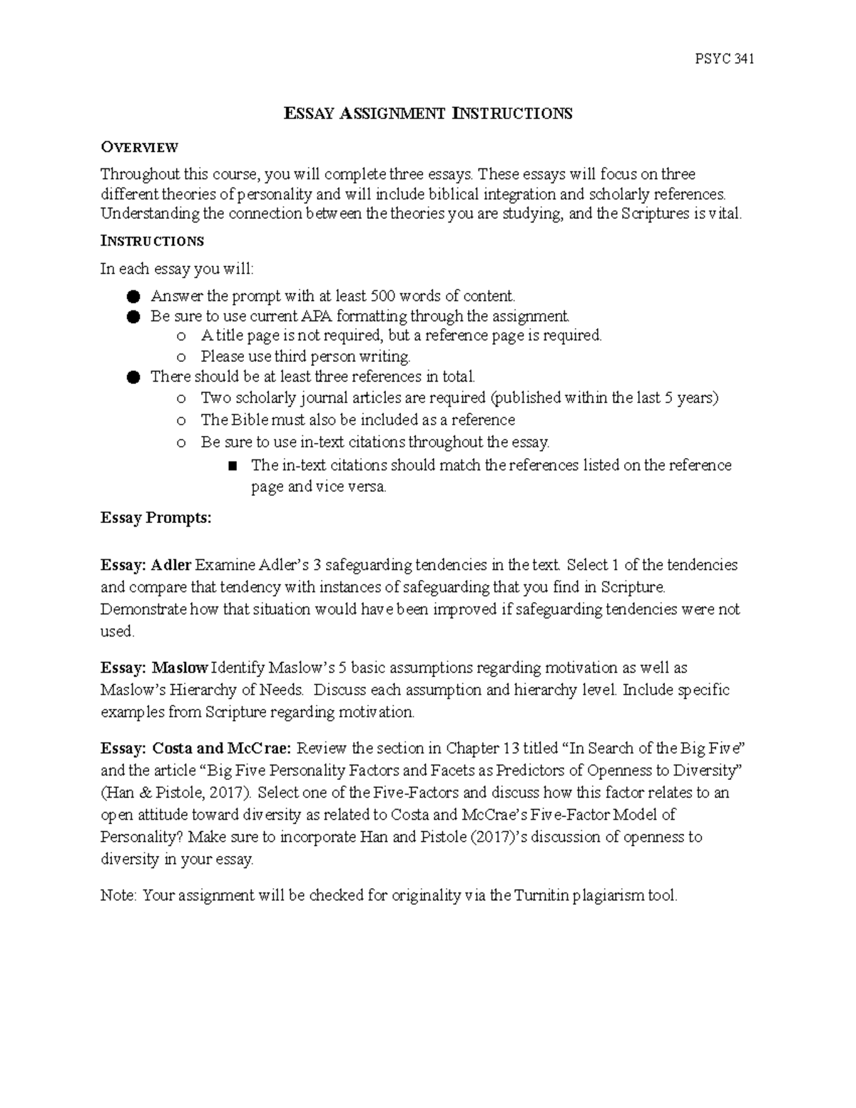 Essay Assignment Instructions - PSYC 341 ESSAY ASSIGNMENT INSTRUCTIONS ...