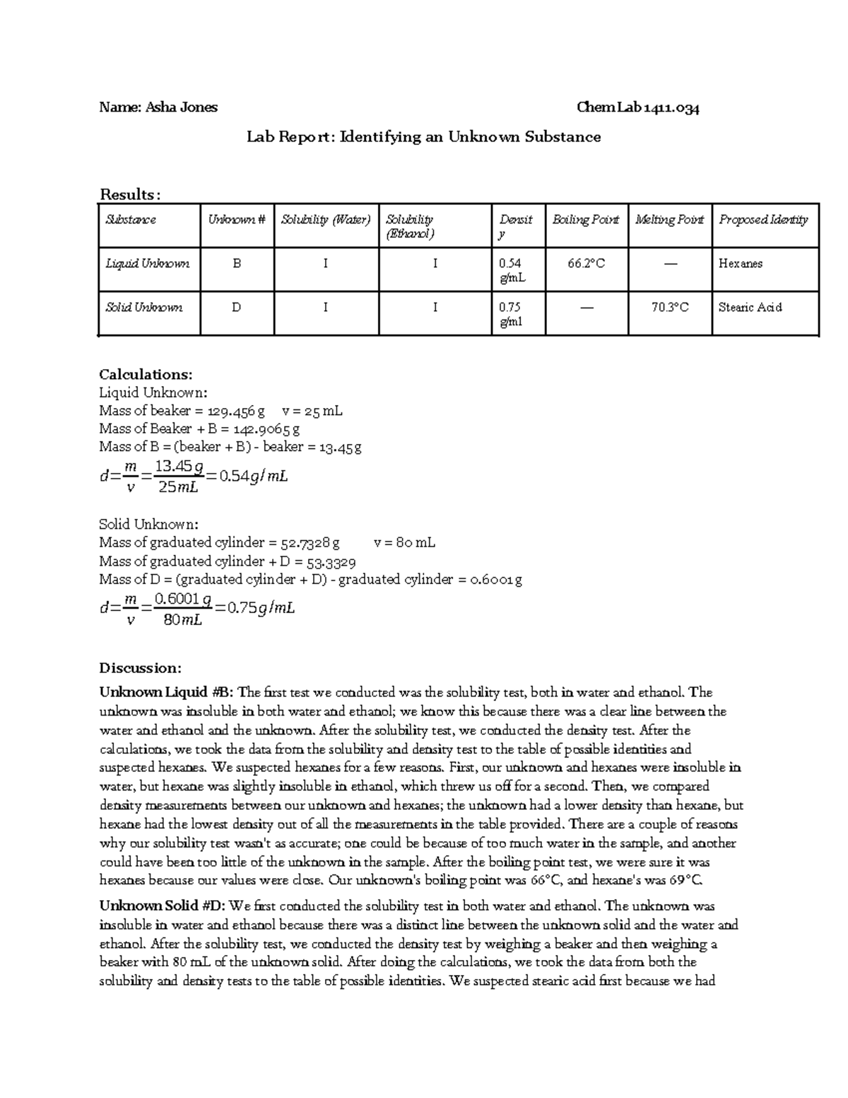 Lab Report 3 - Name: Asha Jones Chem Lab 1411. Lab Report: Identifying an Unknown Substance ...