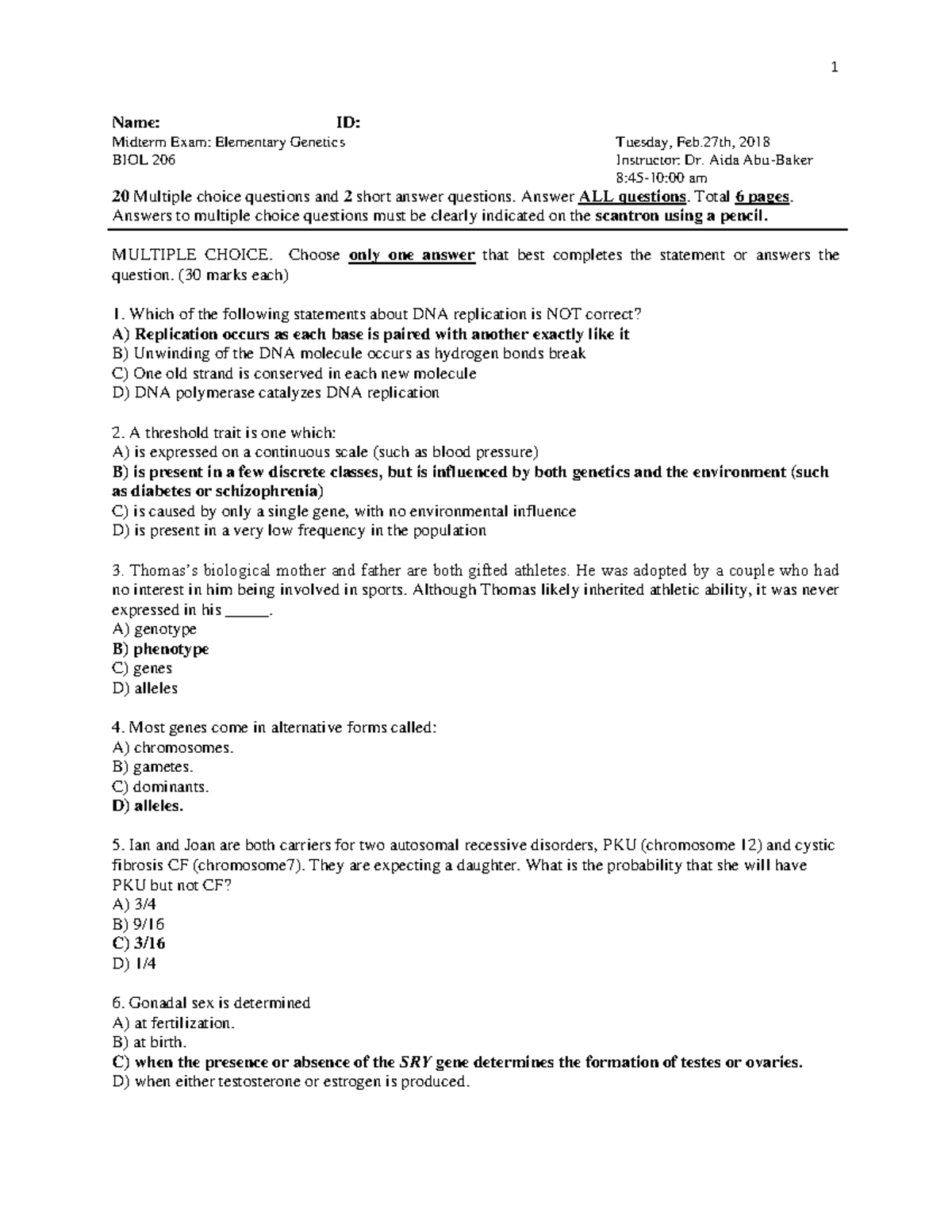 2018 Winter Midterm V2 solutions - Name: ID: Midterm Exam: Elementary ...