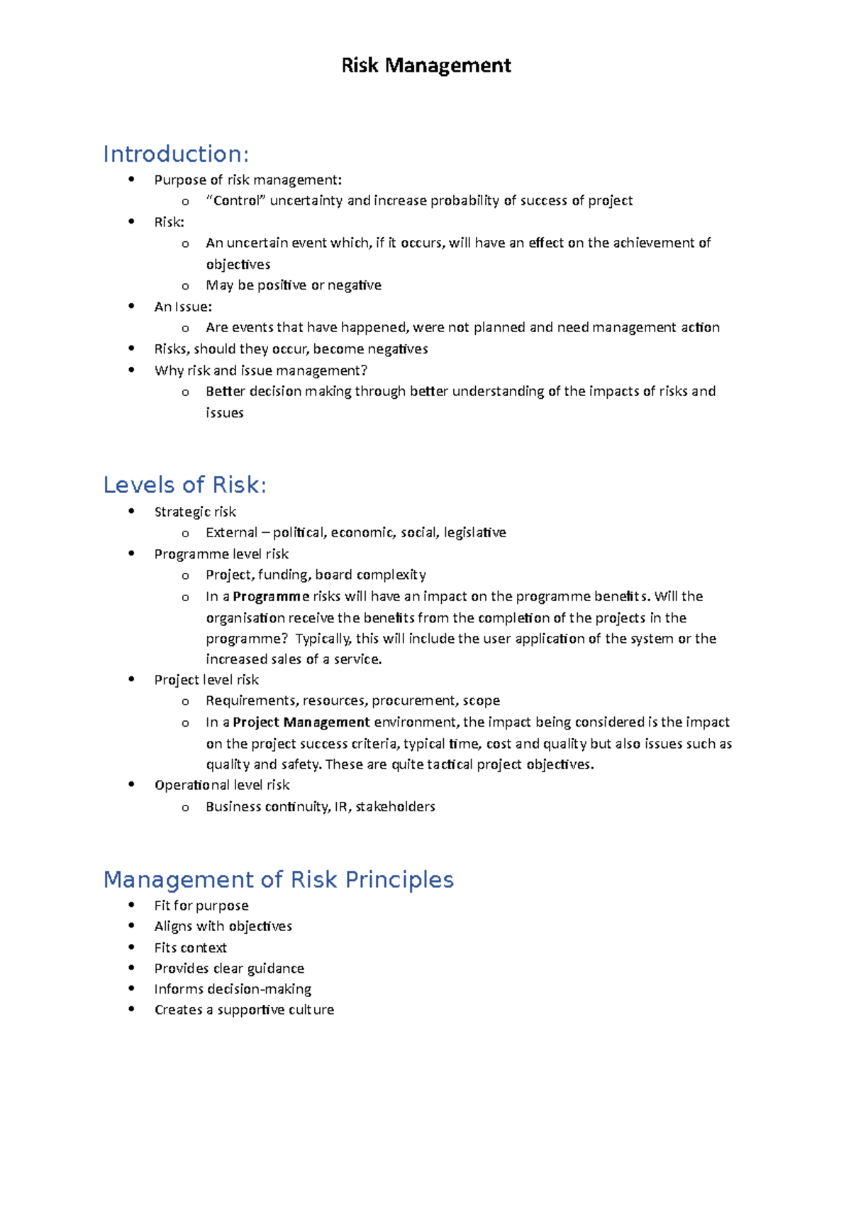 Risk Management Notes - Risk Management Introduction: Purpose of risk ...