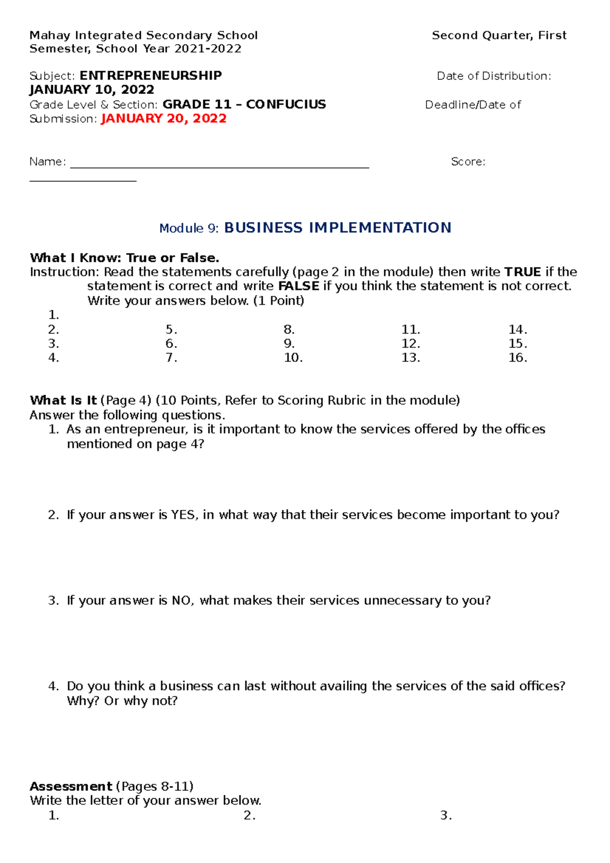 Entrep Module 9 Grade 11 - Mahay Integrated Secondary School Second ...