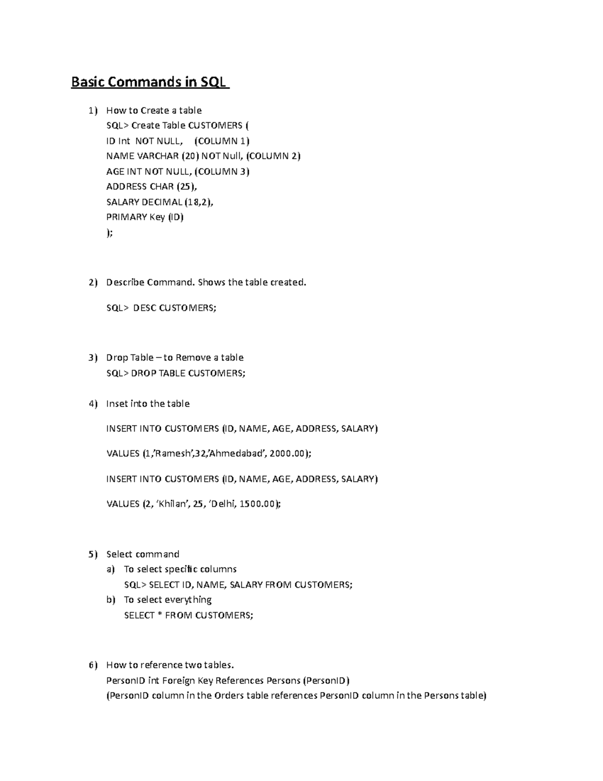 Database SQL Basics Basic Commands In SQL How To Create A Table SQL