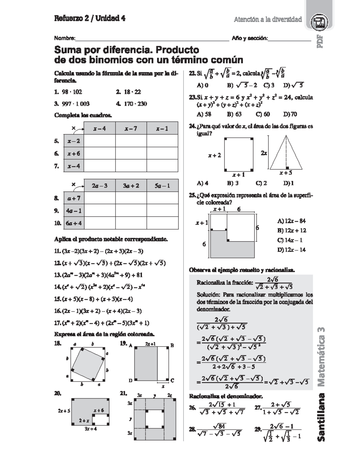 Ficha 1 productos notables - Matemática II - Studocu