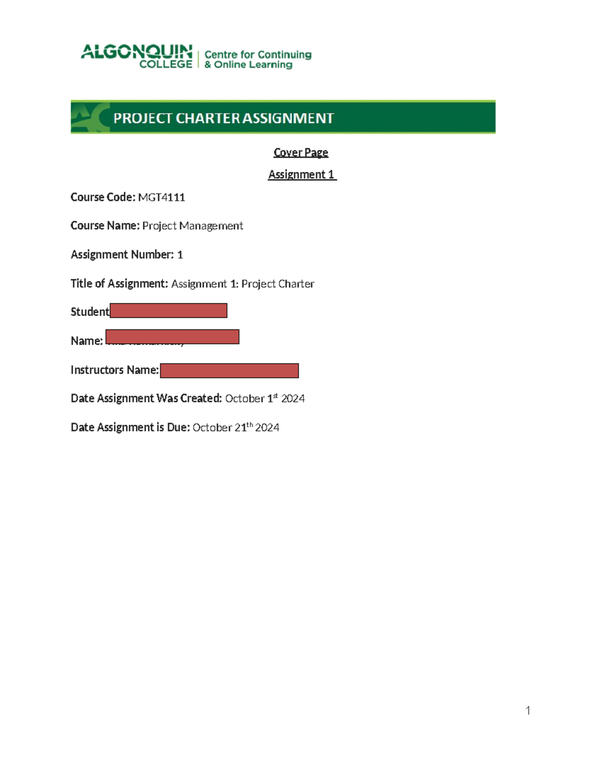 Submit MGT4111 Project Charter Assignment - Complete copy - Cover Page ...
