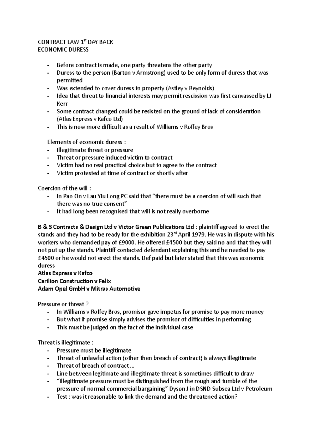 Economic duress - Lecture notes notes - CONTRACT LAW 1st DAY BACK ...