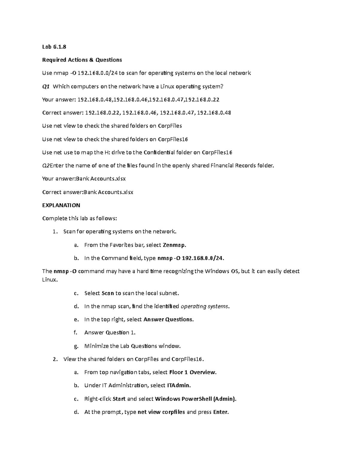Lab 6 1 8 Use Of Nmap Lab 6 Required Actions And Questions Use Nmap O 192 168 0 24 To Scan For