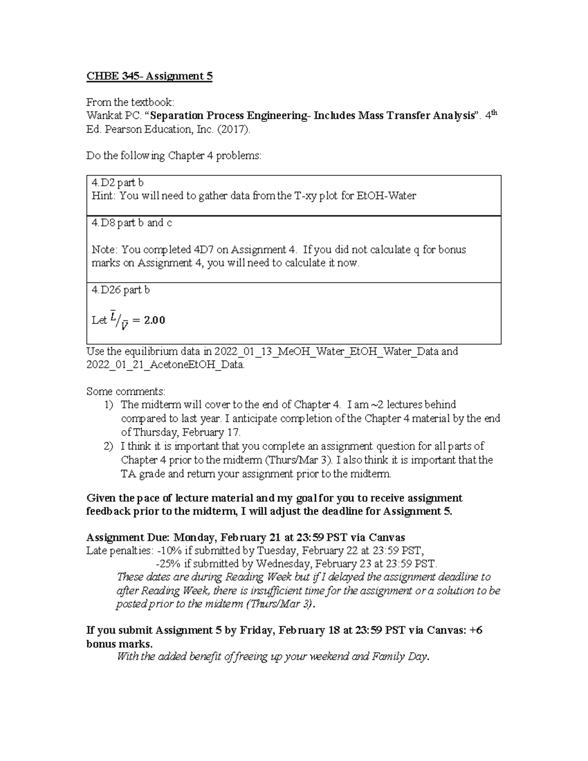 2022 02 11 Assignment 5 - CHBE 345- Assignment 5 From the textbook ...