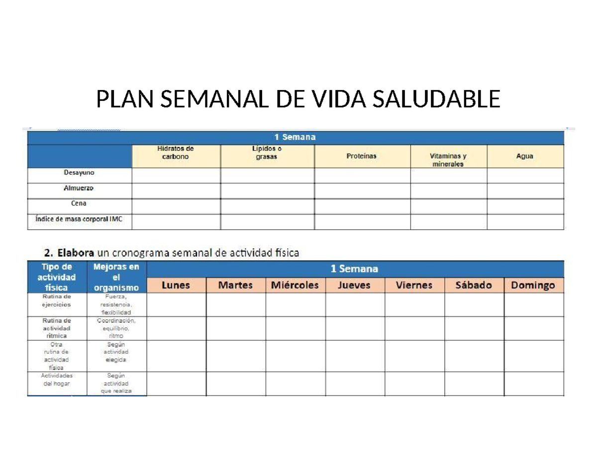Triptico de la Alimentacion Saludable 4 - PLAN SEMANAL DE VIDA SALUDABLE 1 Semana Hidratos de ...
