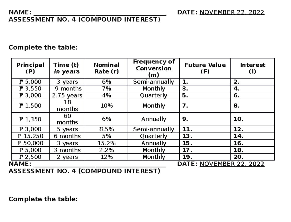 4 Compound Interest - Math Activity - NAME ...