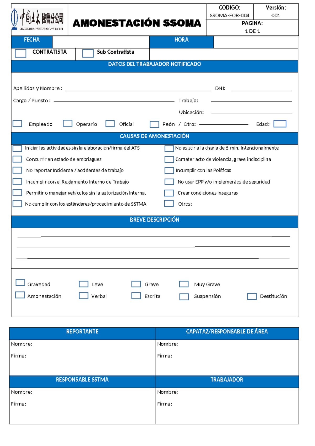 SST FOR-004- Amonestación Sstma Contratistas - AMONESTACIÓN SSOMA CODIGO: SSOMA-FOR- Versión ...