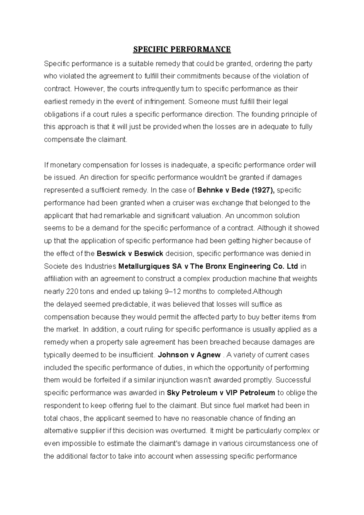 Specific Performance - Essay - SPECIFIC PERFORMANCE Specific ...