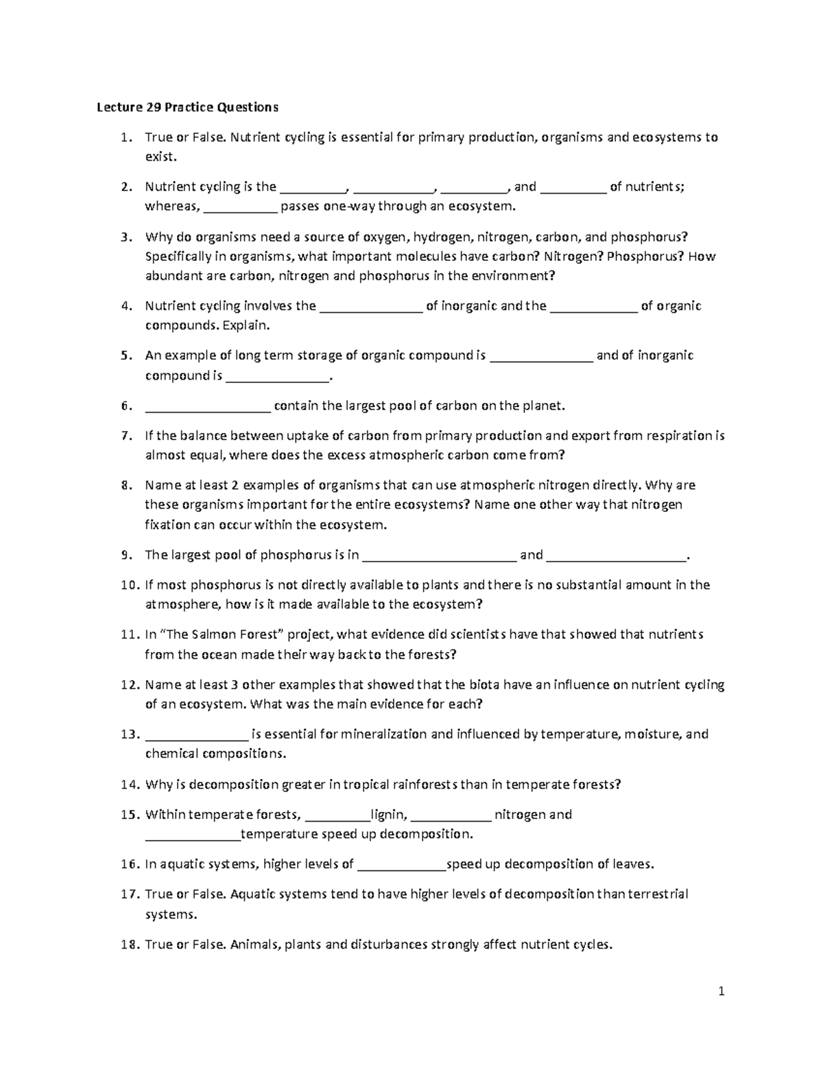 ecology Sample/practice exam, questions - Lecture 29 Practice Questions ...