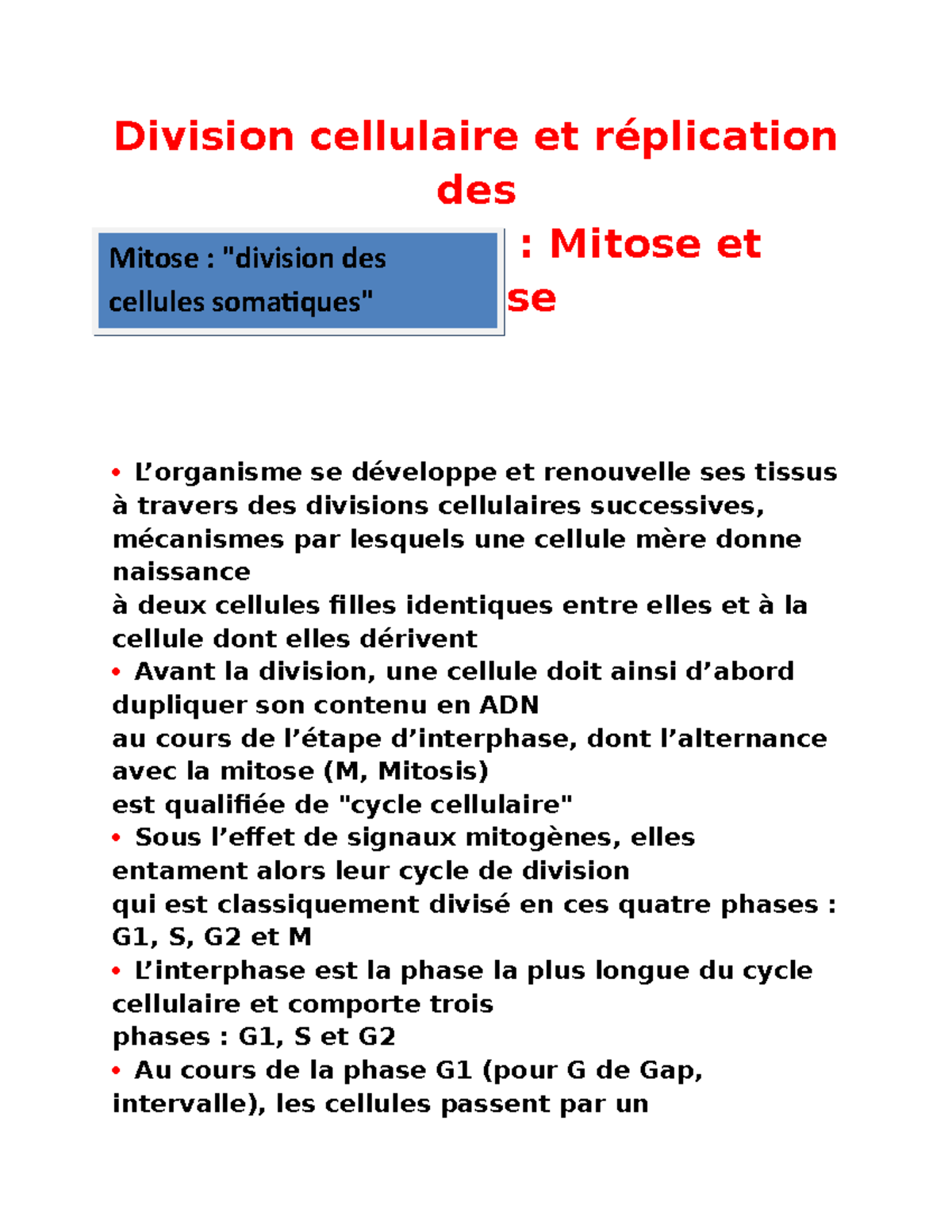 Division cellulaire et réplication des chromosomes : Mitose et méiose ...