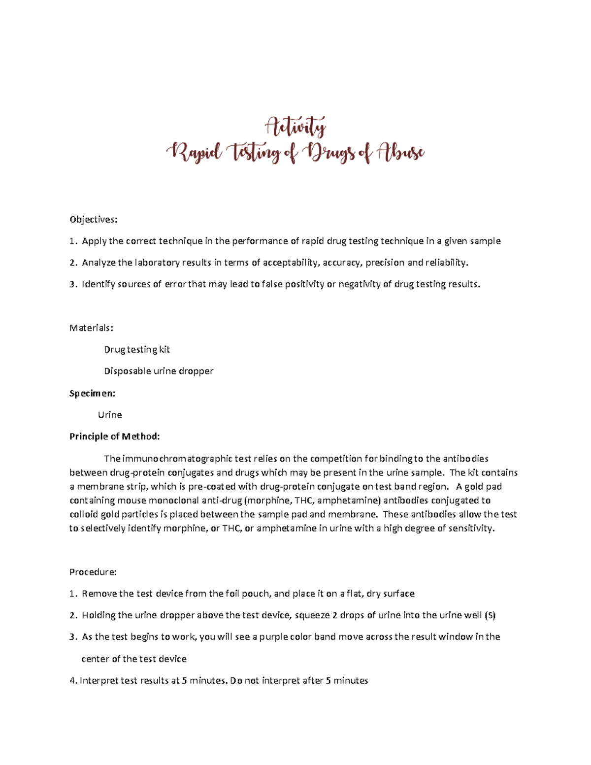 CLIN CHEM 2- Drug testing Activity - Objectives: Apply the correct ...