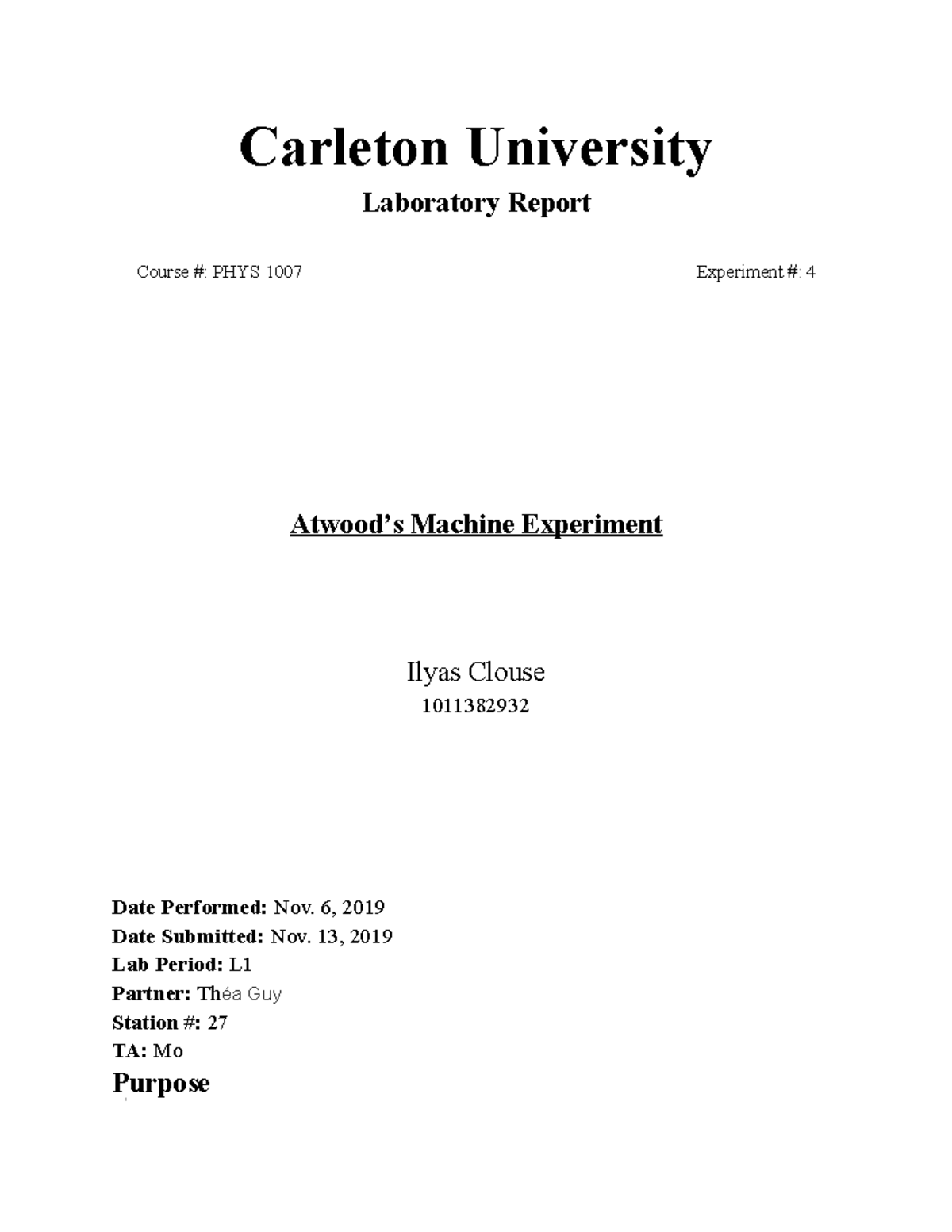 PHYS 1007- Atwoods Machine - Carleton University Laboratory Report ...