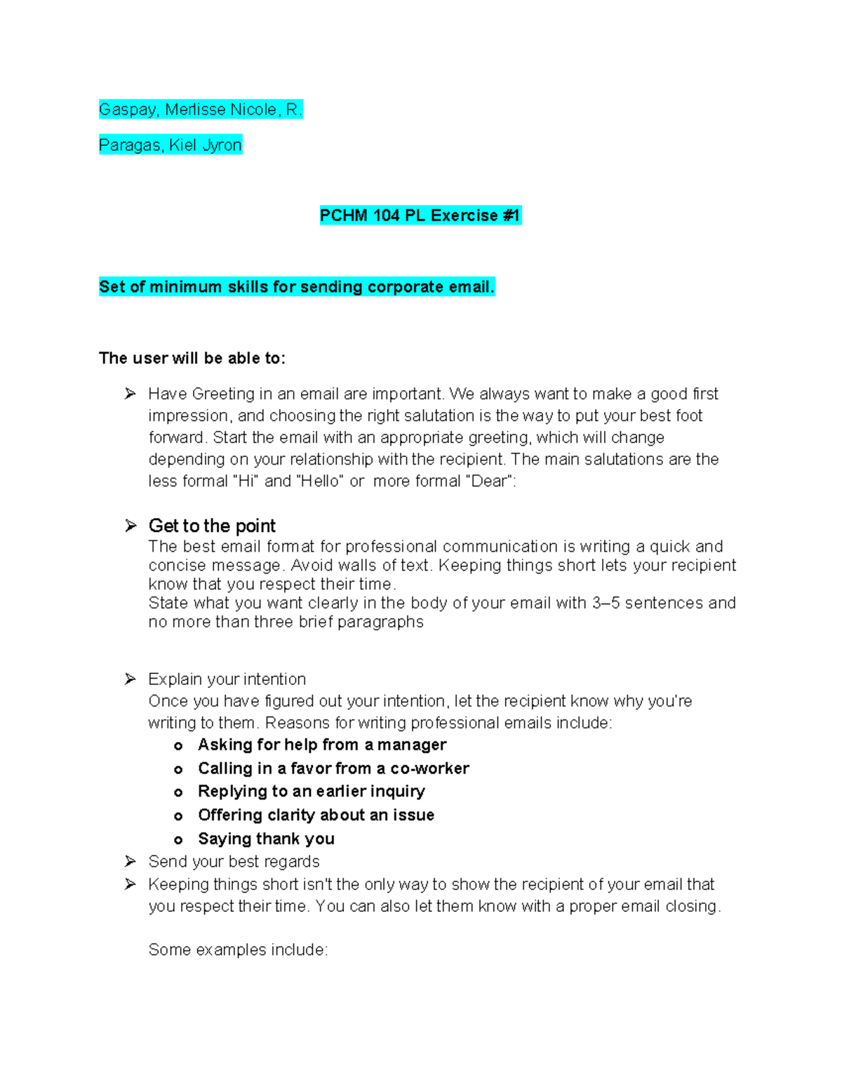 PCHM 104 PL Exercise #1 - NONE - Gaspay, Merlisse Nicole, R. Paragas, Kiel Jyron PCHM 104 PL ...