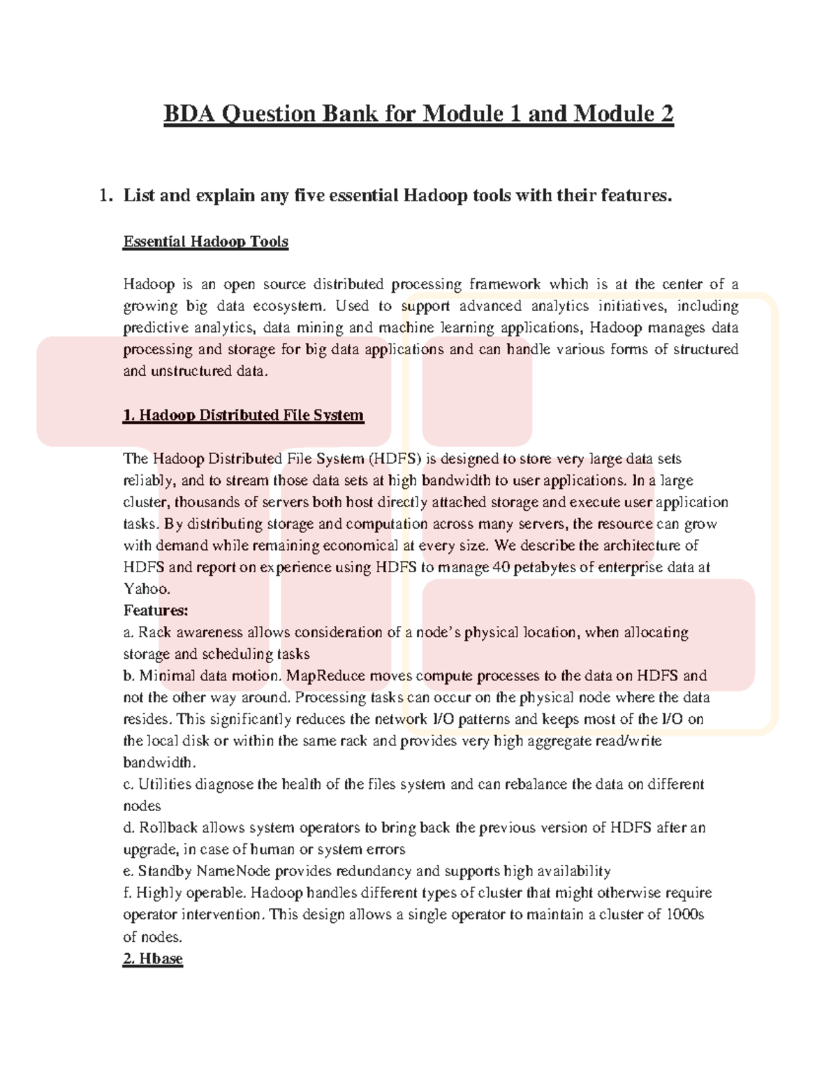 Big data analytics QB - BDA Question Bank for Module 1 and Module 2 1. List and explain any five ...
