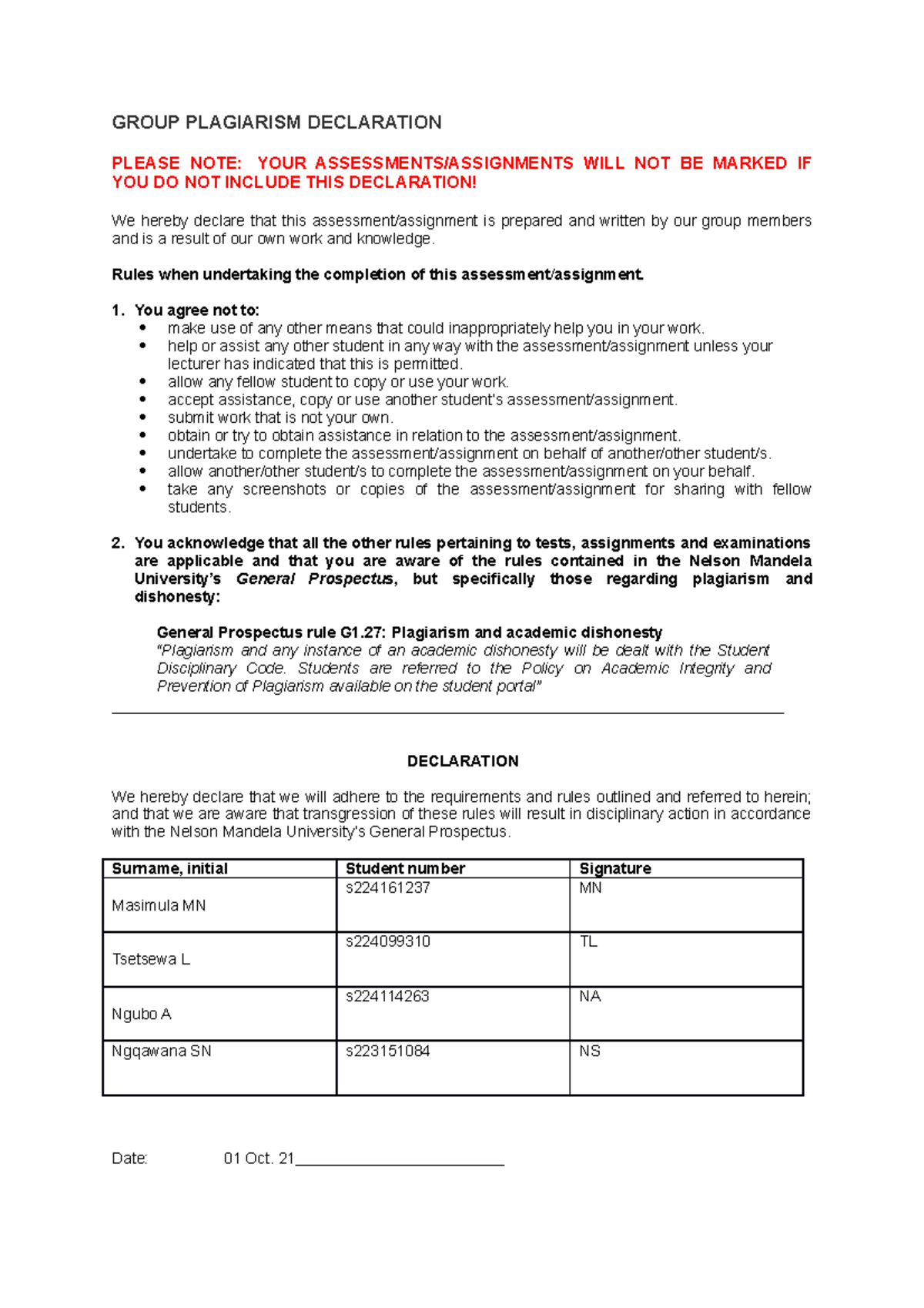 Legal Opinion example - GROUP PLAGIARISM DECLARATION PLEASE NOTE: YOUR ...