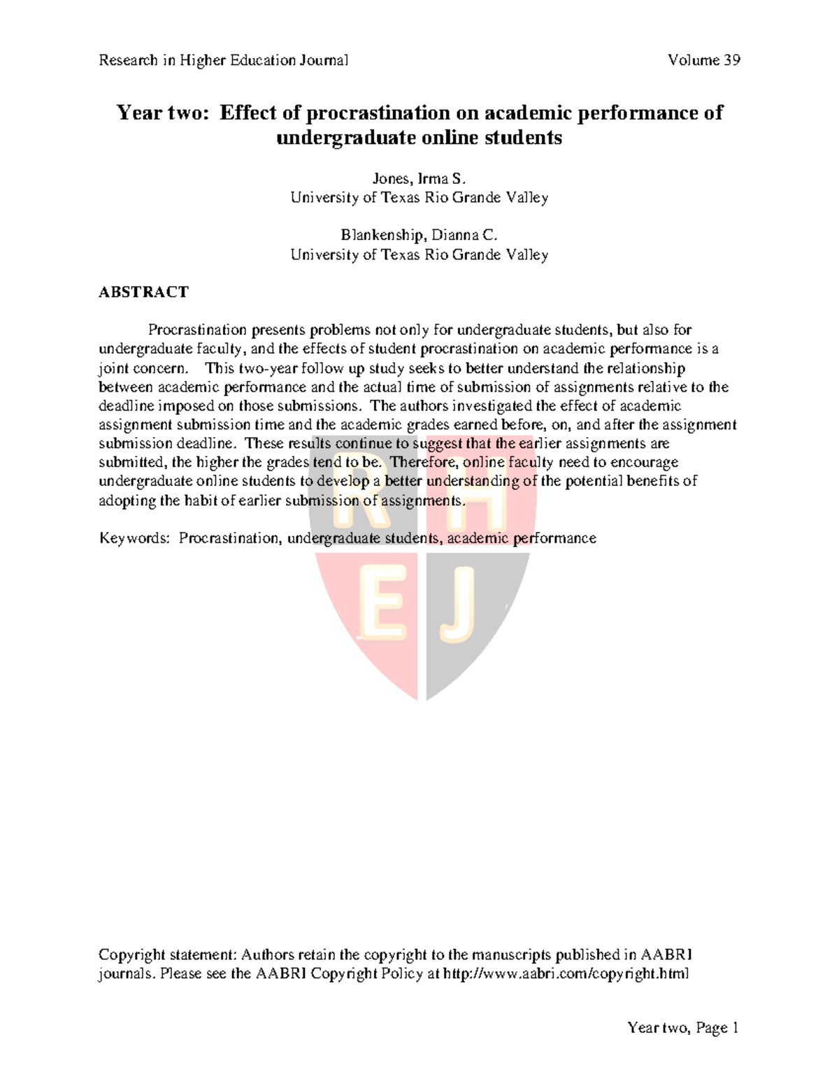 EJ1293903 - Summarize - Year two: Effect of procrastination on academic ...