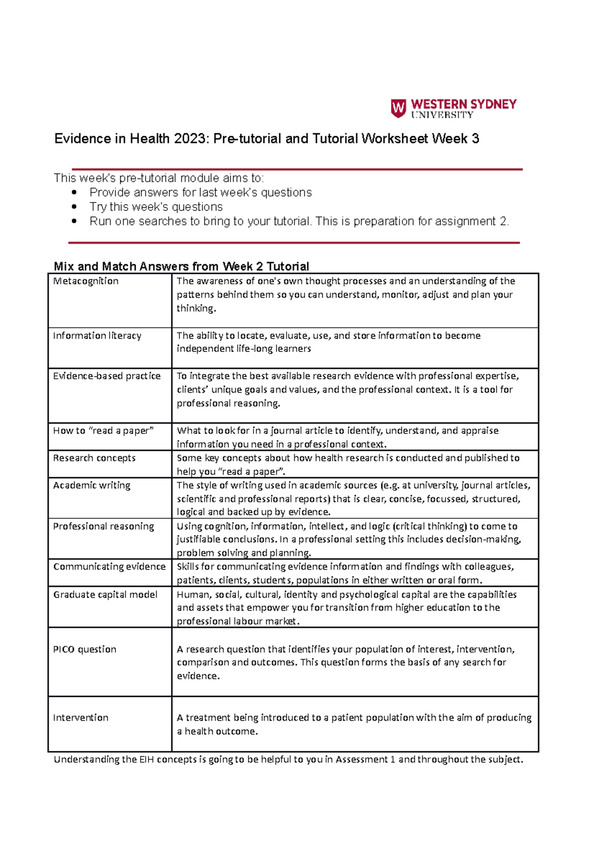 HLTH1012 EIH Pre-tutorial and Tutorial Worksheet Week 03 - Evidence in Health 2023: Pre-tutorial ...