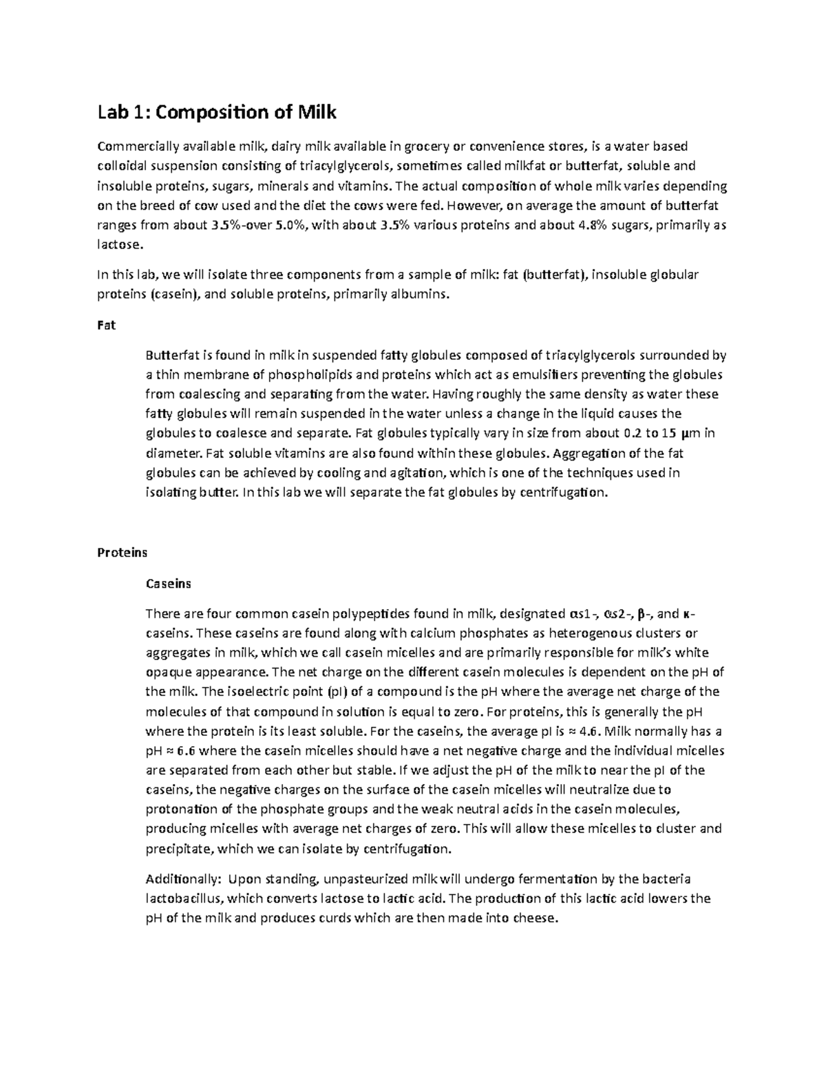 Milk Composition Background Info and Protocol - Lab 1: Composition of ...