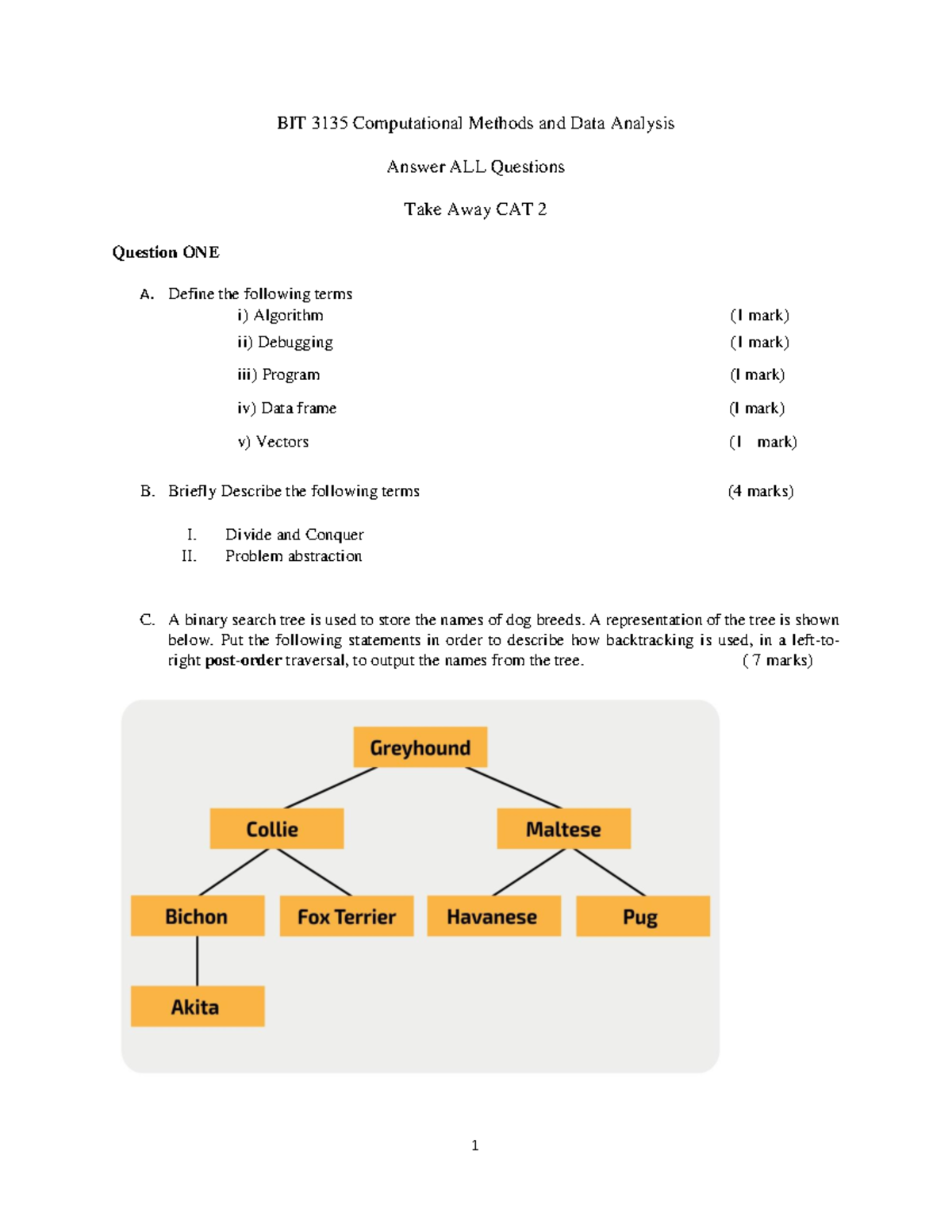 BIT 3135 Computational Methods and Data - Define the following terms i) Algorithm (1 mark) ii ...