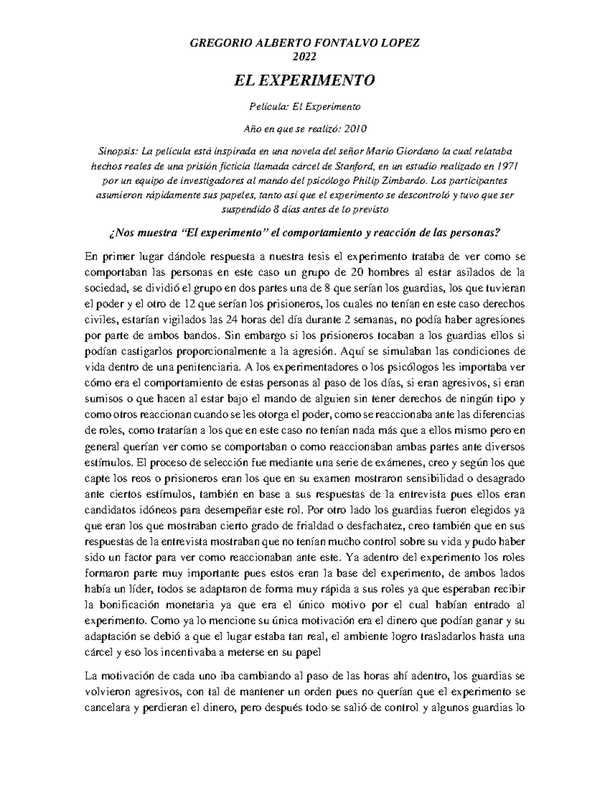 EL Experimento Grego - ayuda - GREGORIO ALBERTO FONTALVO LOPEZ 2022 EL ...