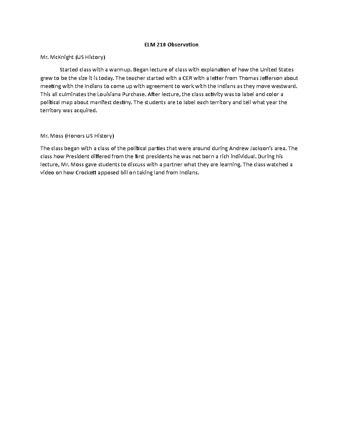 ELM 210 Observation - observed mentor teacher - ELM 210 Observation Mr ...