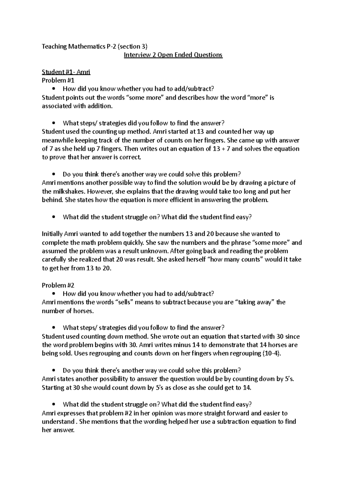 Interview #2 Report - Teaching Mathematics P-2 (section 3) Interview 2 ...